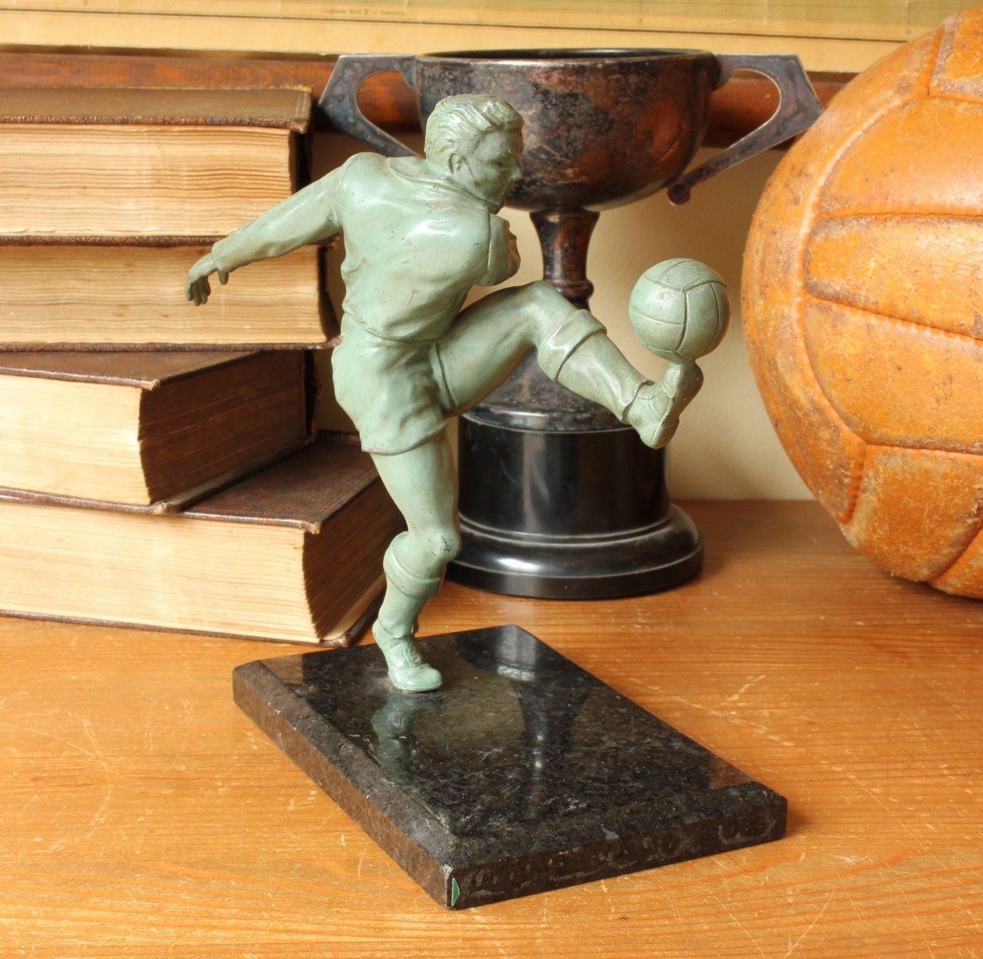Art Deco Footballer Statue. Metal Figure of Soccer Player & Football.