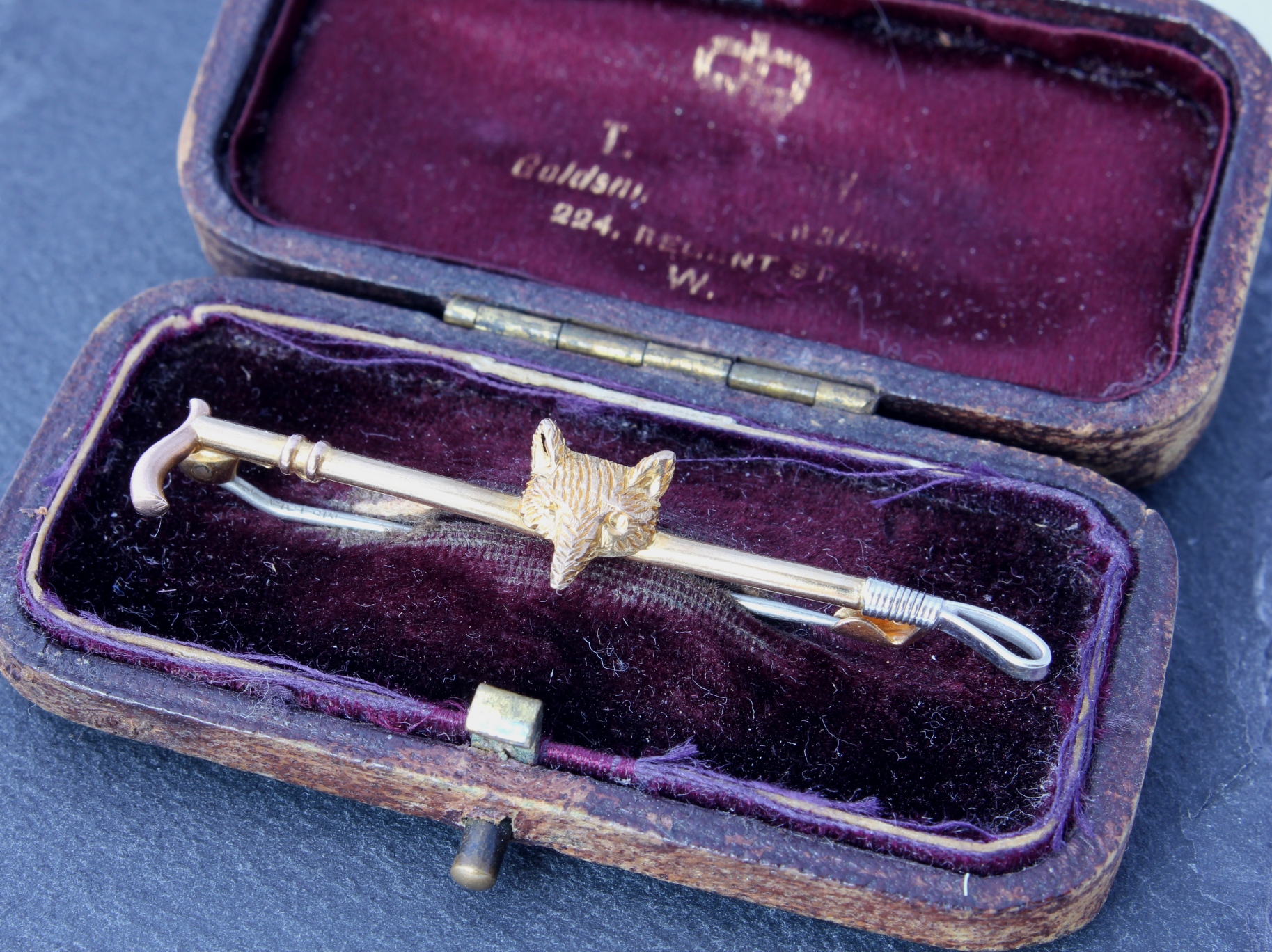 Fox Head And Riding Crop Brooch / Tie Pin. Gold & Silver.