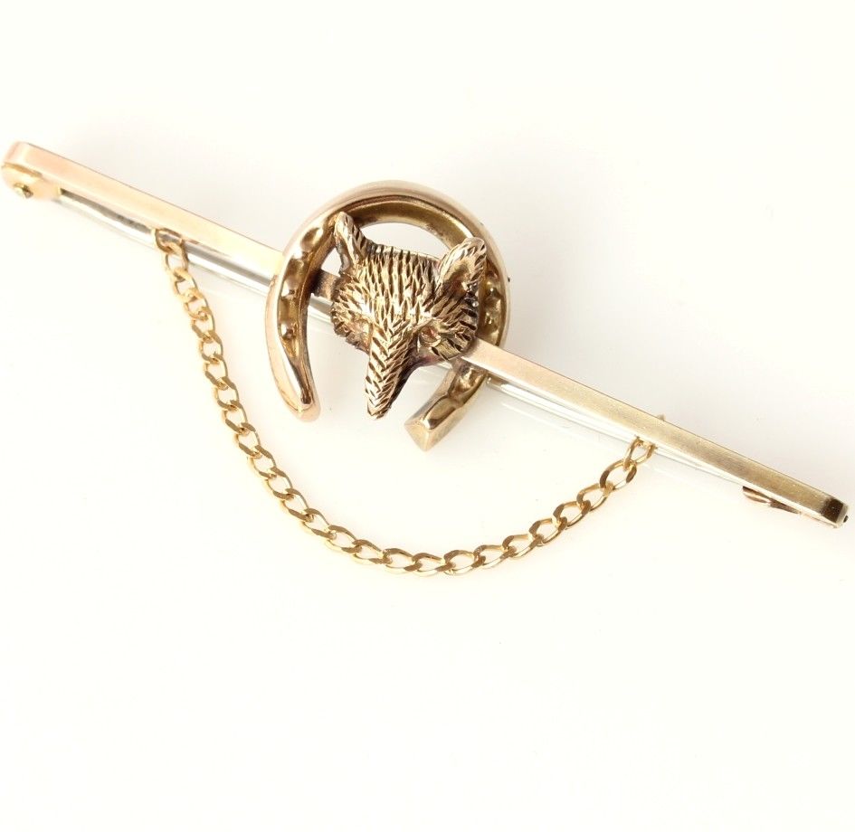 9ct Gold Fox Head Mask & Horseshoe Brooch / Tie Clip. Hunting Gift Box.