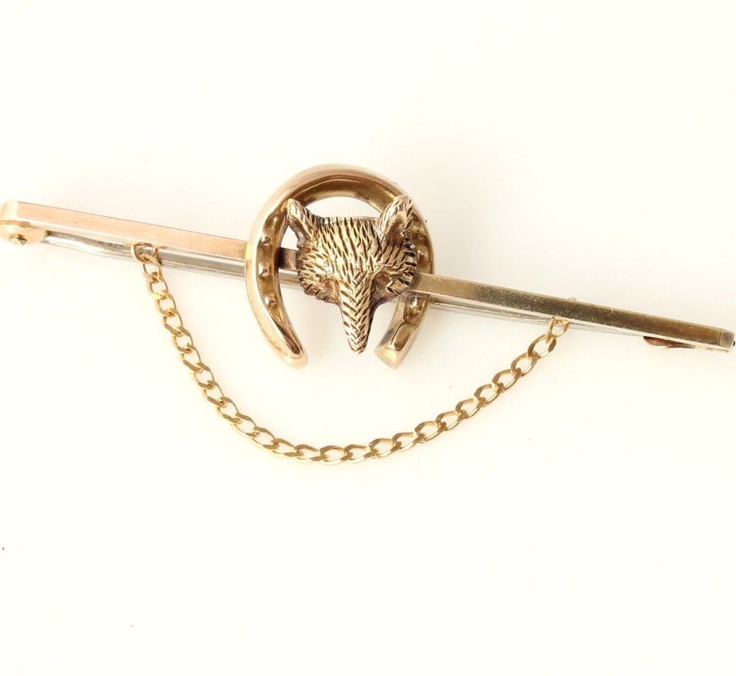 9ct Gold Fox Head Mask & Horseshoe Brooch / Tie Clip. Hunting Gift Box.