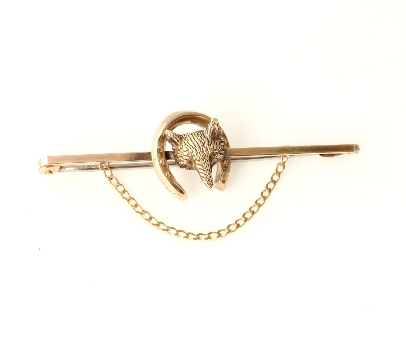 9ct Gold Fox Head Mask & Horseshoe Brooch / Tie Clip. Hunting Gift Box.