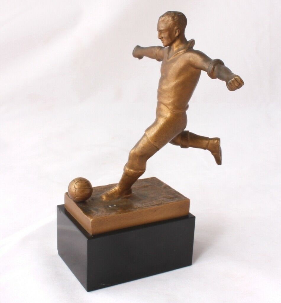 Bronze Footballer Statue E Fraisse. Figure of Soccer Player & Football.