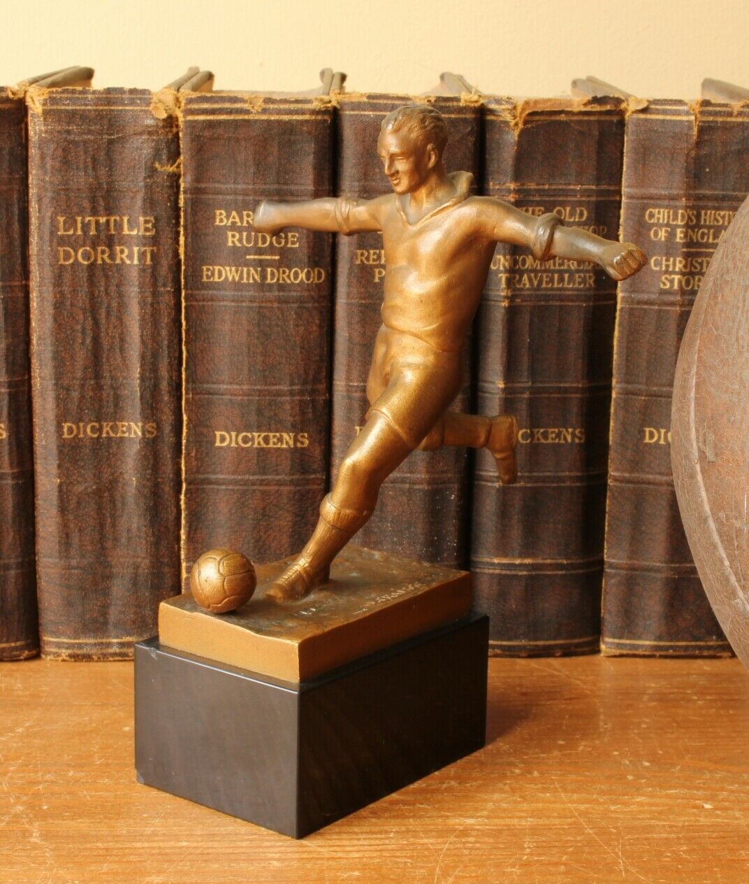 Bronze Footballer Statue E Fraisse. Figure of Soccer Player & Football.