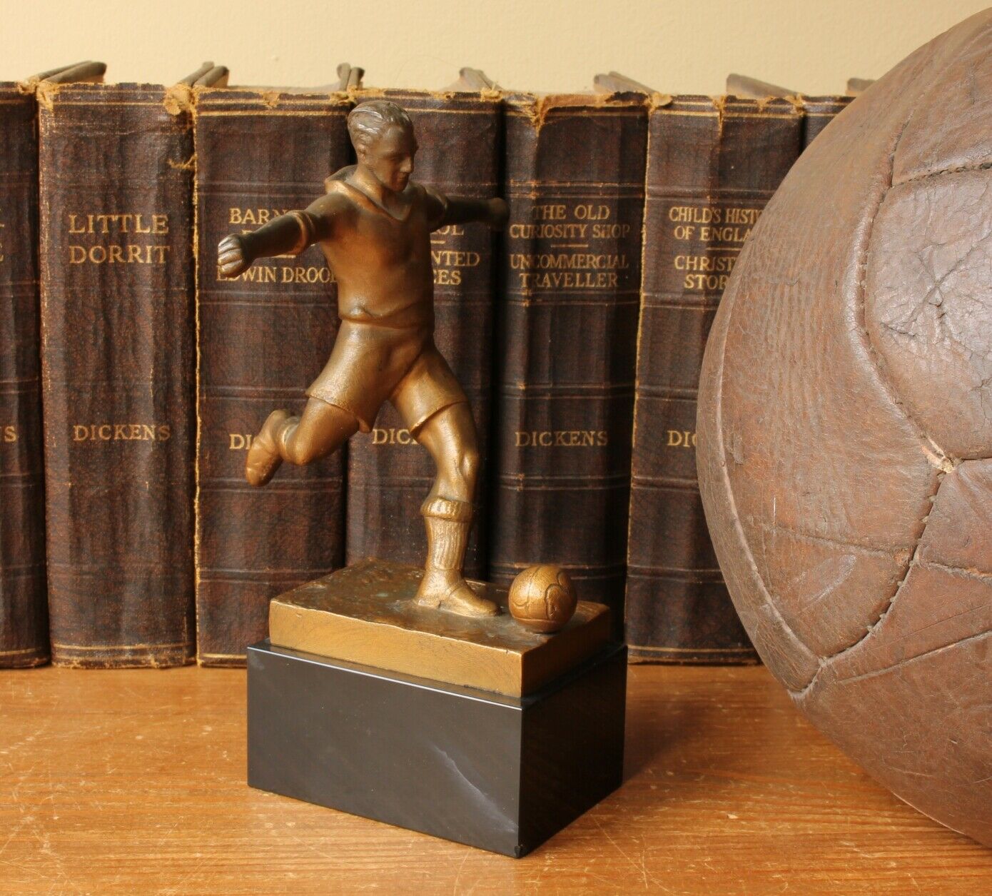 Bronze Footballer Statue E Fraisse. Figure of Soccer Player & Football.