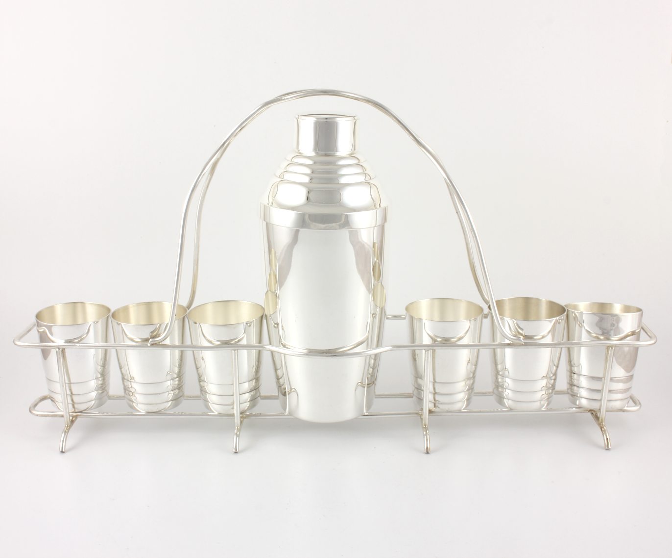French Silver Plate Cocktail Shaker & 6 Beaker Set. Maison Barra c1930.