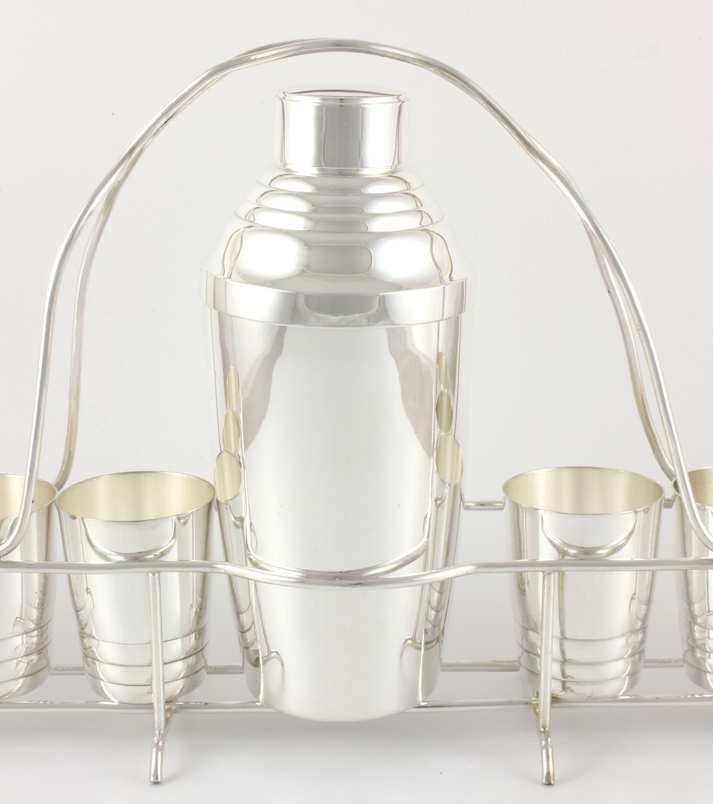 French Silver Plate Cocktail Shaker & 6 Beaker Set. Maison Barra c1930.