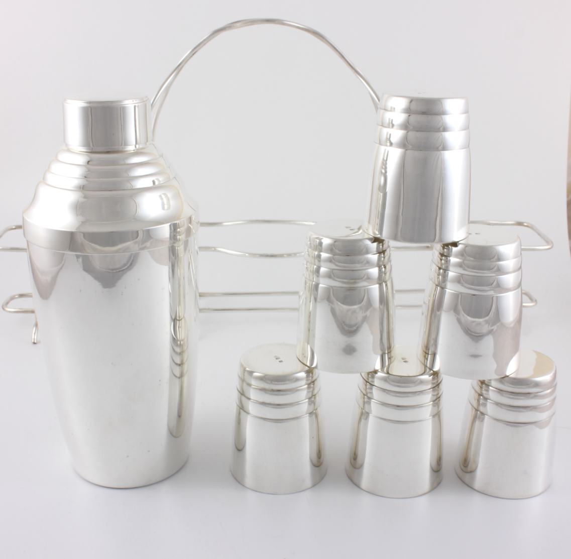 French Silver Plate Cocktail Shaker & 6 Beaker Set. Maison Barra c1930.