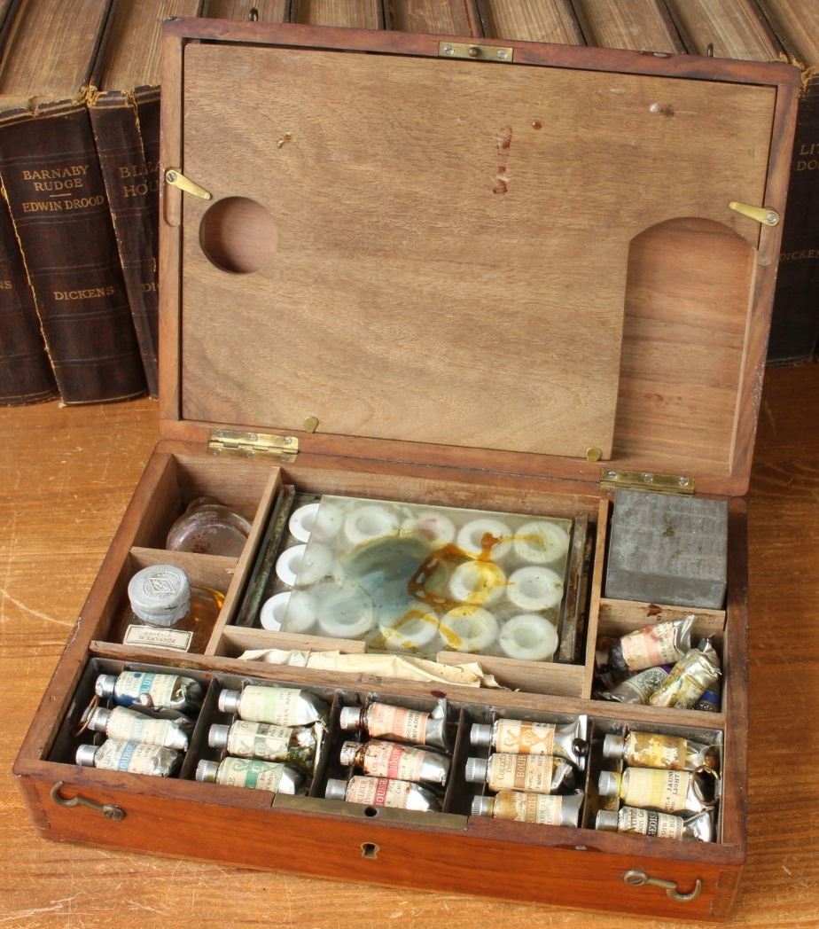 French Artist Box Bourgeois. Emerald Green Oil Paint. Brushes. Pallet.