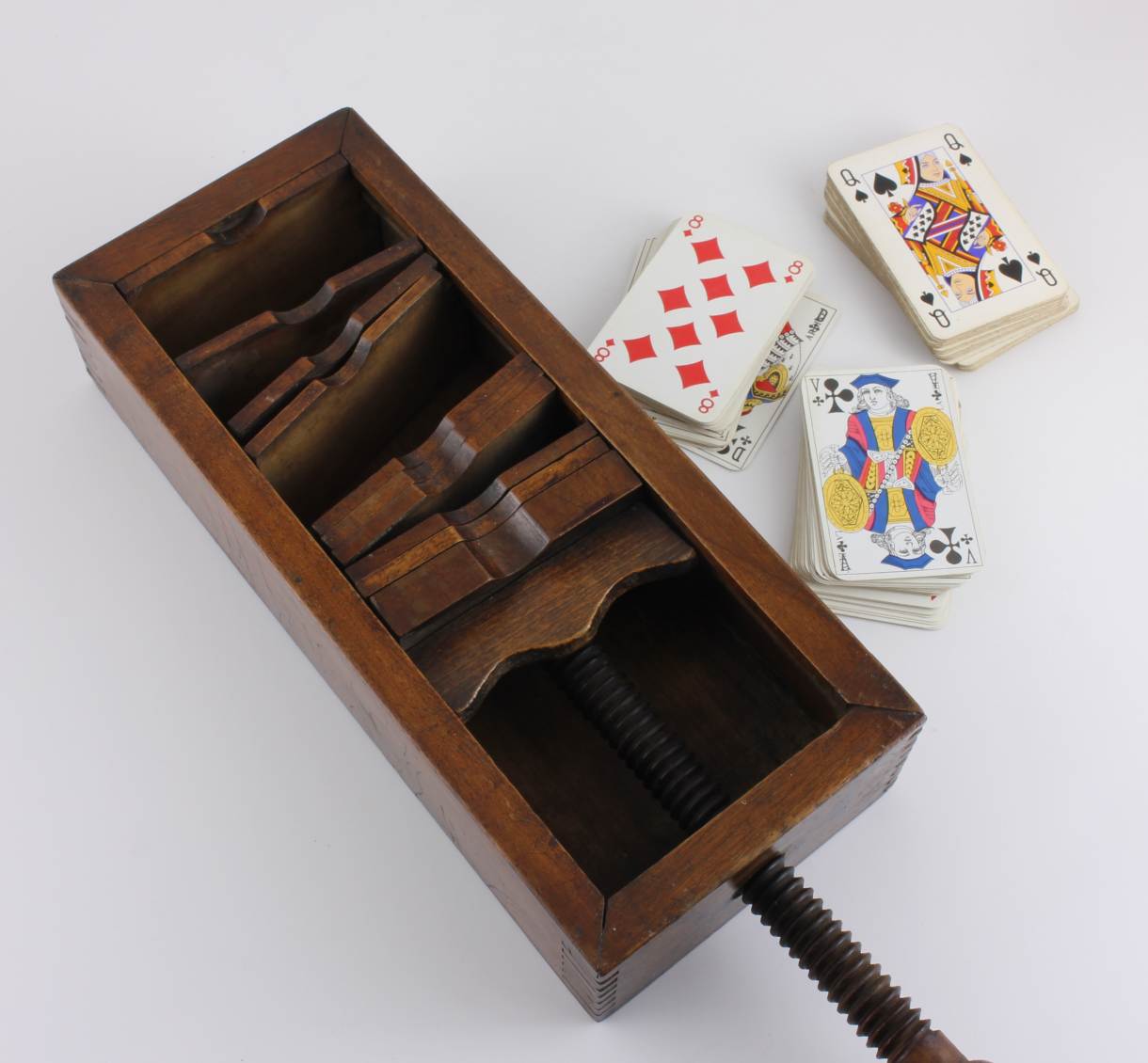 French Wood Playing Card Press. Wooden Card Clamp Storage Box. c1900.