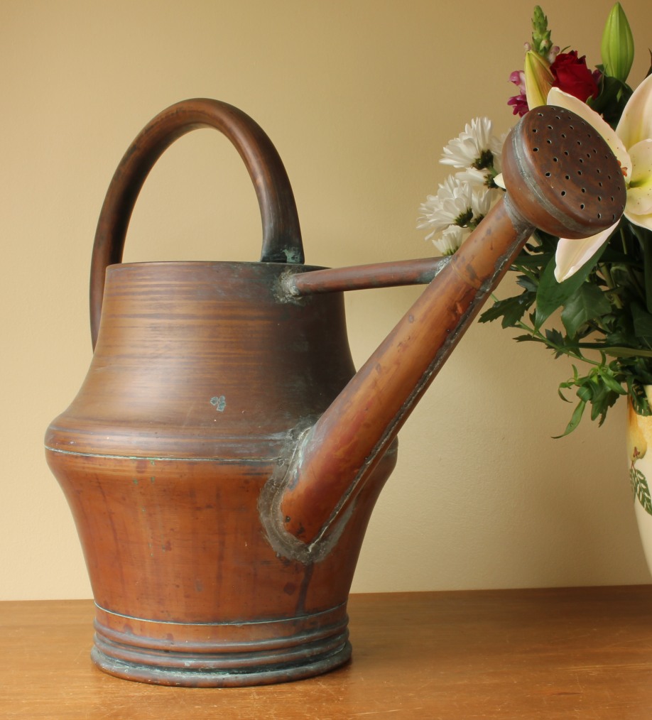 Large French Copper Watering Can. 19th Century Garden Rose Head Arrosoir.