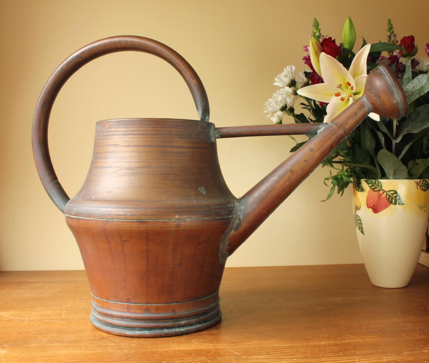 Large French Copper Watering Can. 19th Century Garden Rose Head Arrosoir.