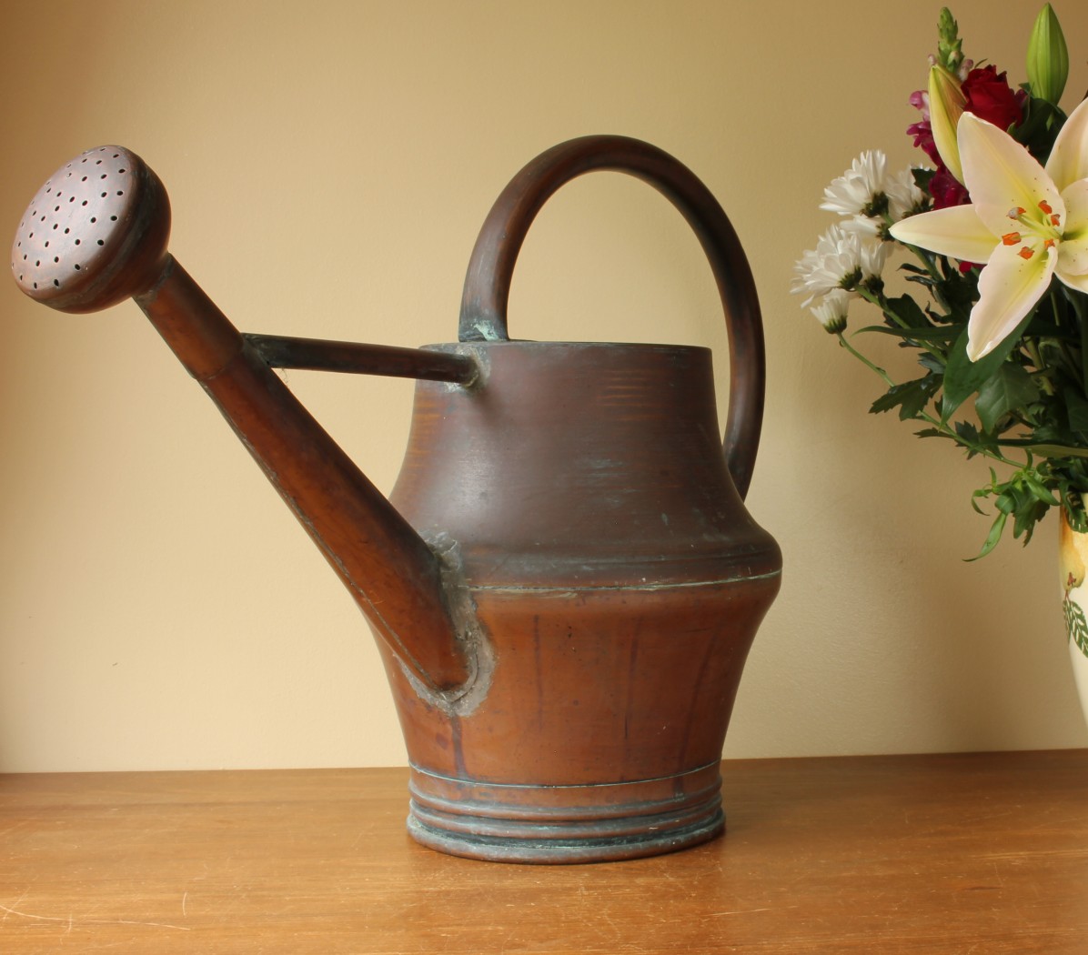 Large French Copper Watering Can. 19th Century Garden Rose Head Arrosoir.