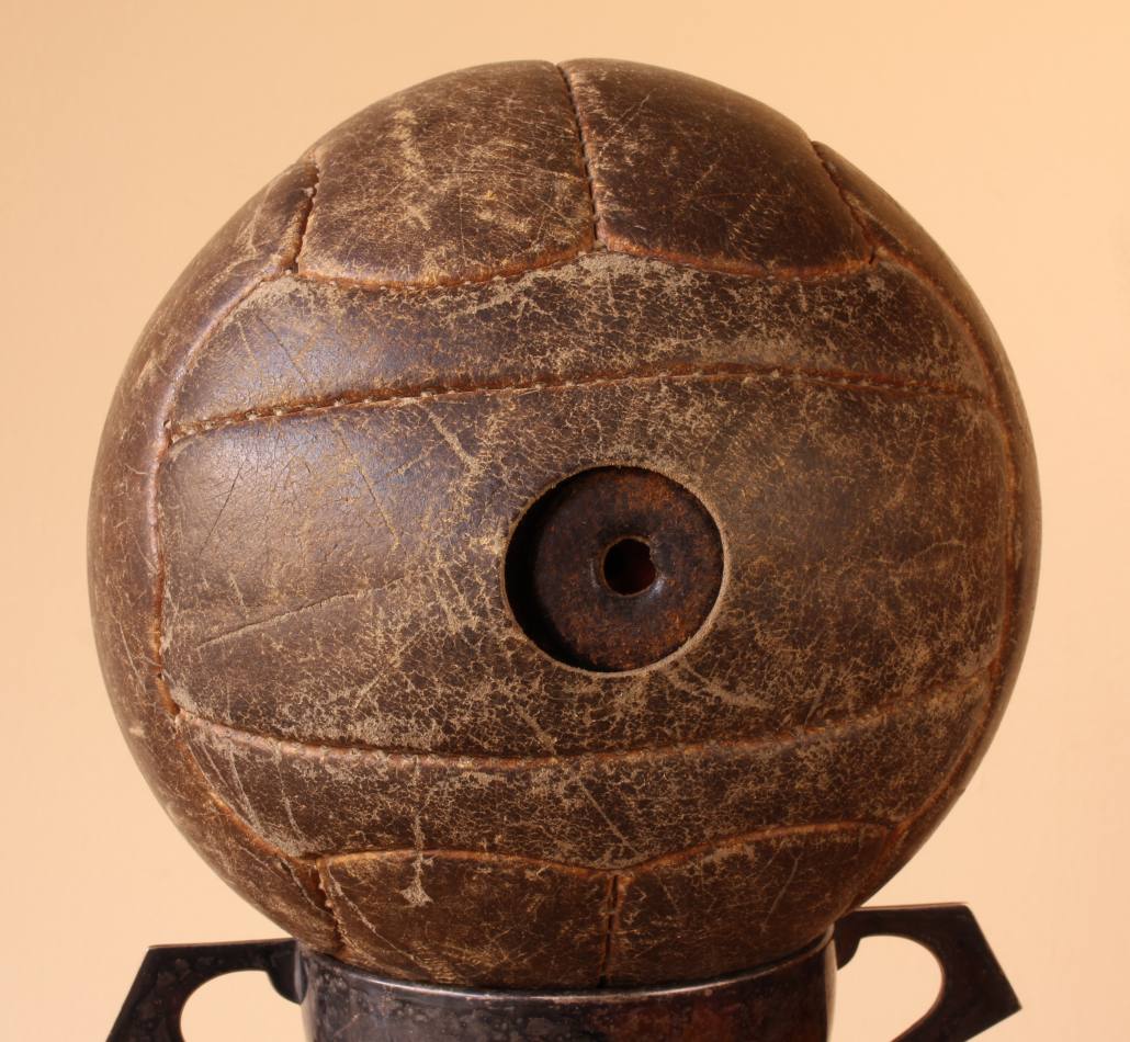 Old Vintage Leather Valve Hole Football. 13 Panel Soccer Ball c1950.