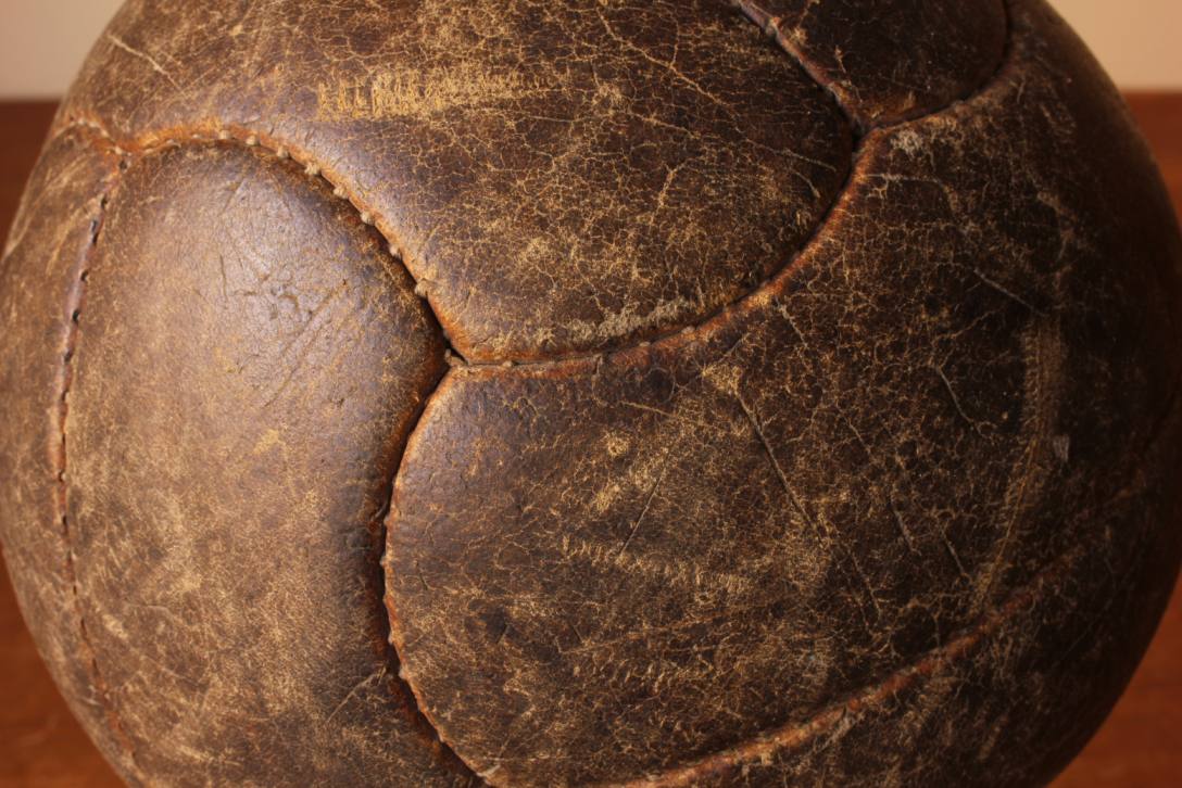 Old Vintage Leather Valve Hole Football. 13 Panel Soccer Ball c1950.