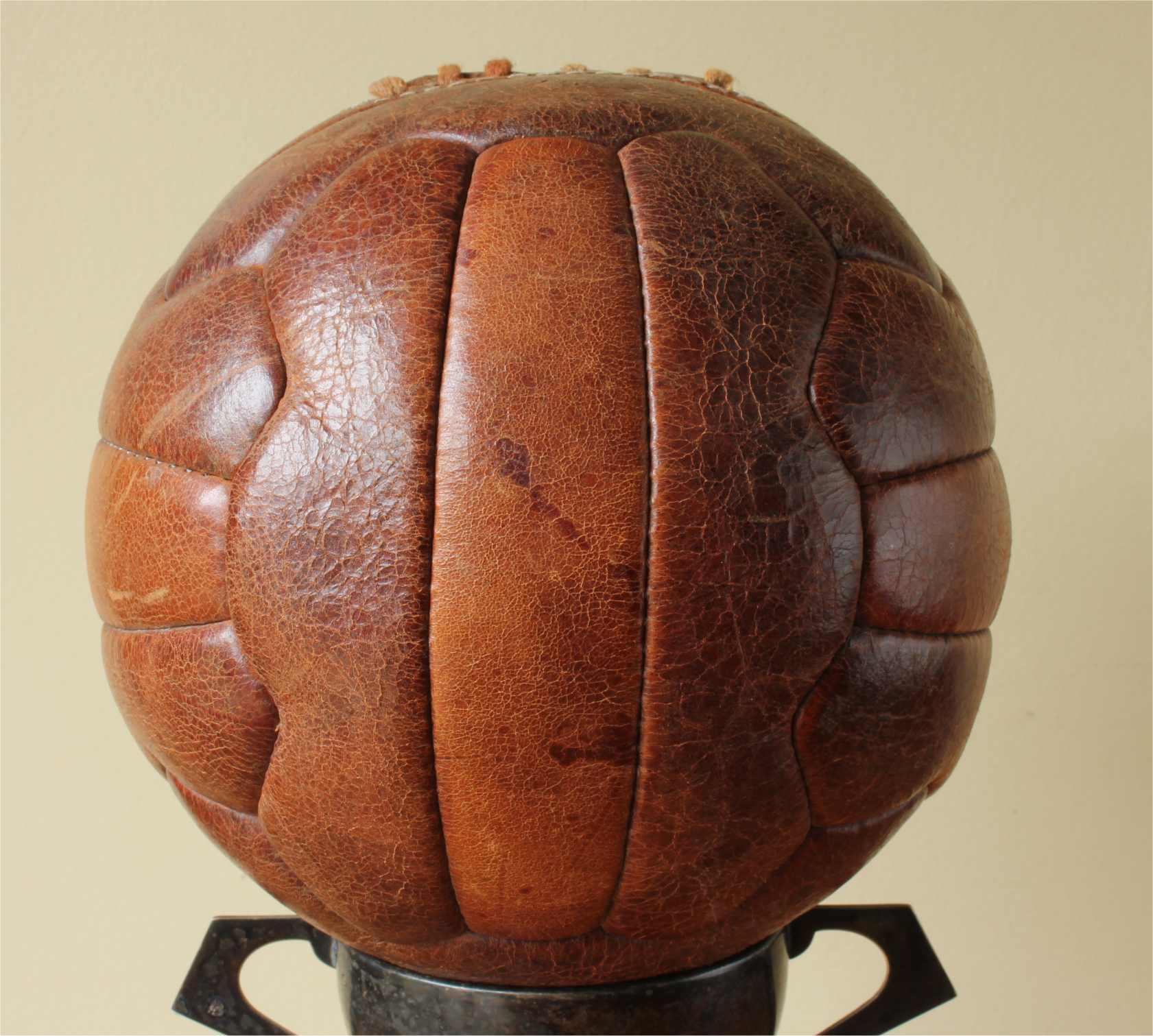 Vintage Leather Zig Zag Panel Football. Gibson Laced Soccer Ball. 1950's.