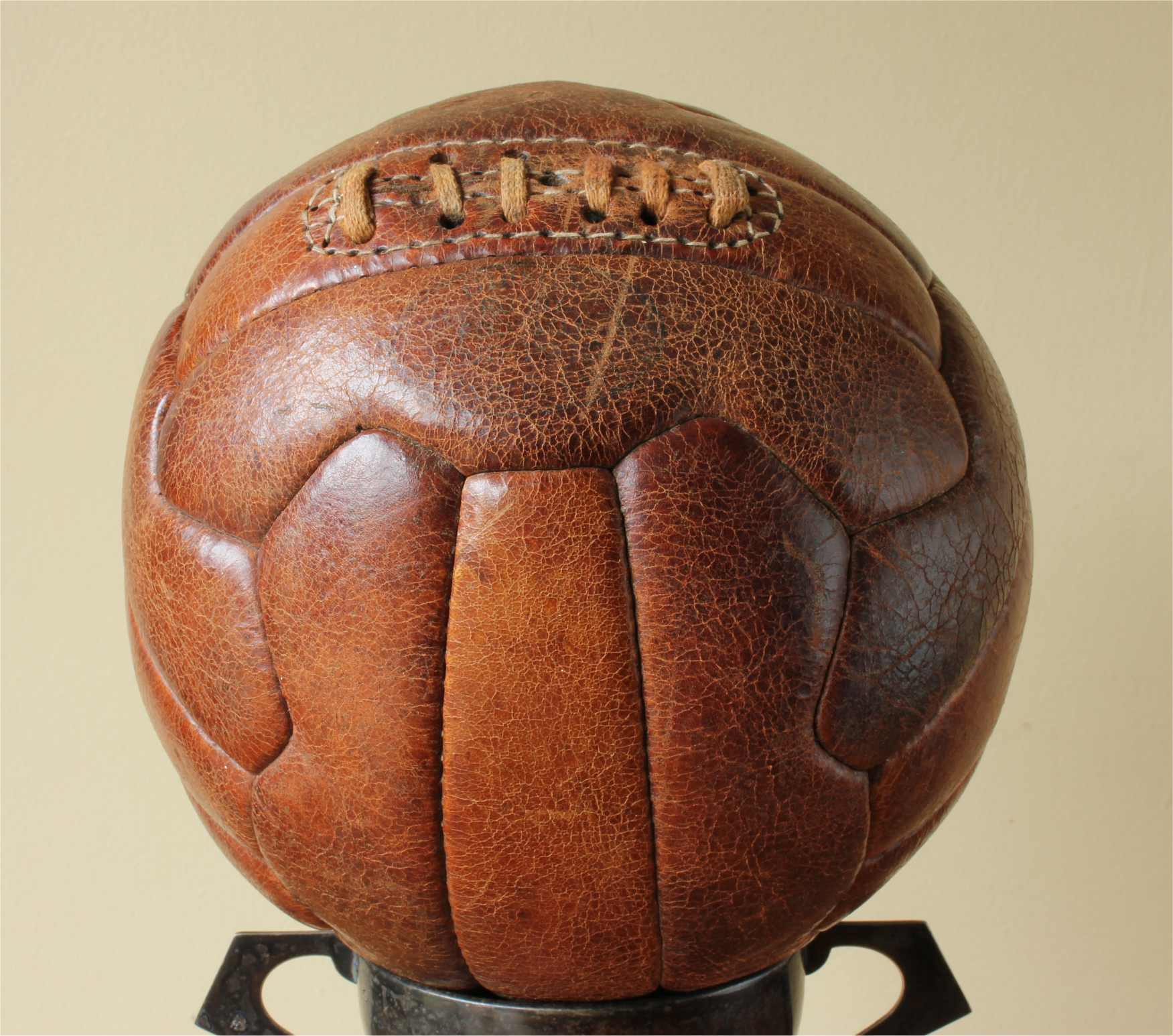 Vintage Leather Zig Zag Panel Football. Gibson Laced Soccer Ball. 1950's.