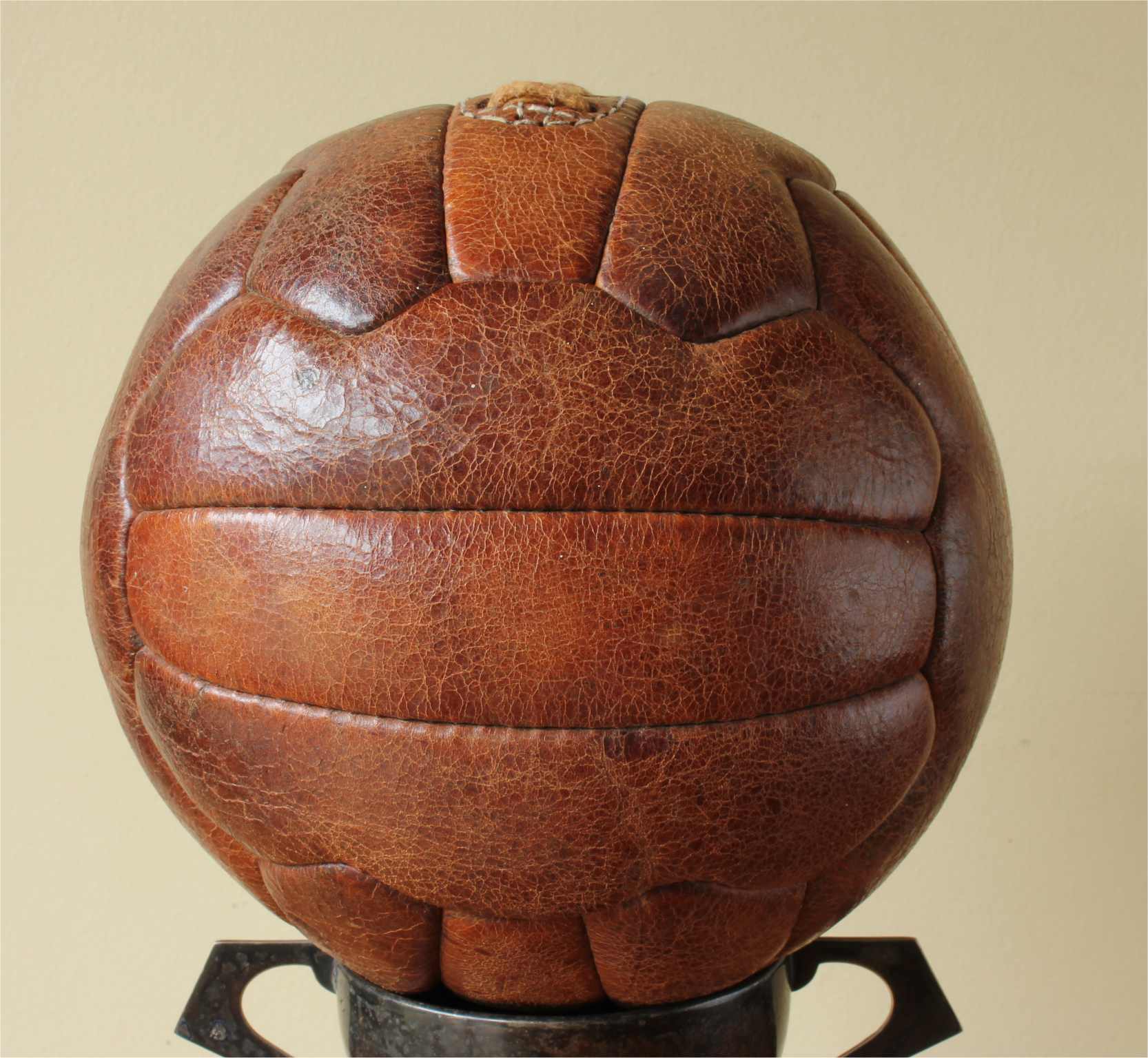 Vintage Leather Zig Zag Panel Football. Gibson Laced Soccer Ball. 1950's.
