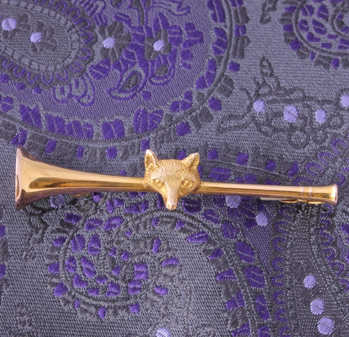 Vintage 9ct Gold Fox Head Mask & Hunting Horn Brooch / Tie Pin Clip.