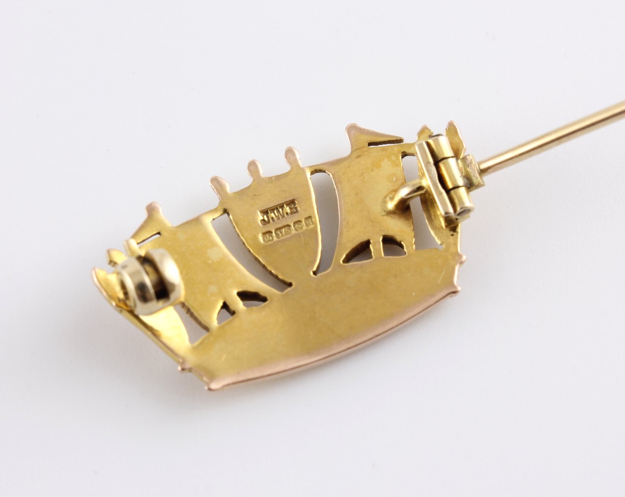 9ct Gold Royal Naval Crown Brooch / Navy Tie Pin Badge. J W Benson. Boxed.