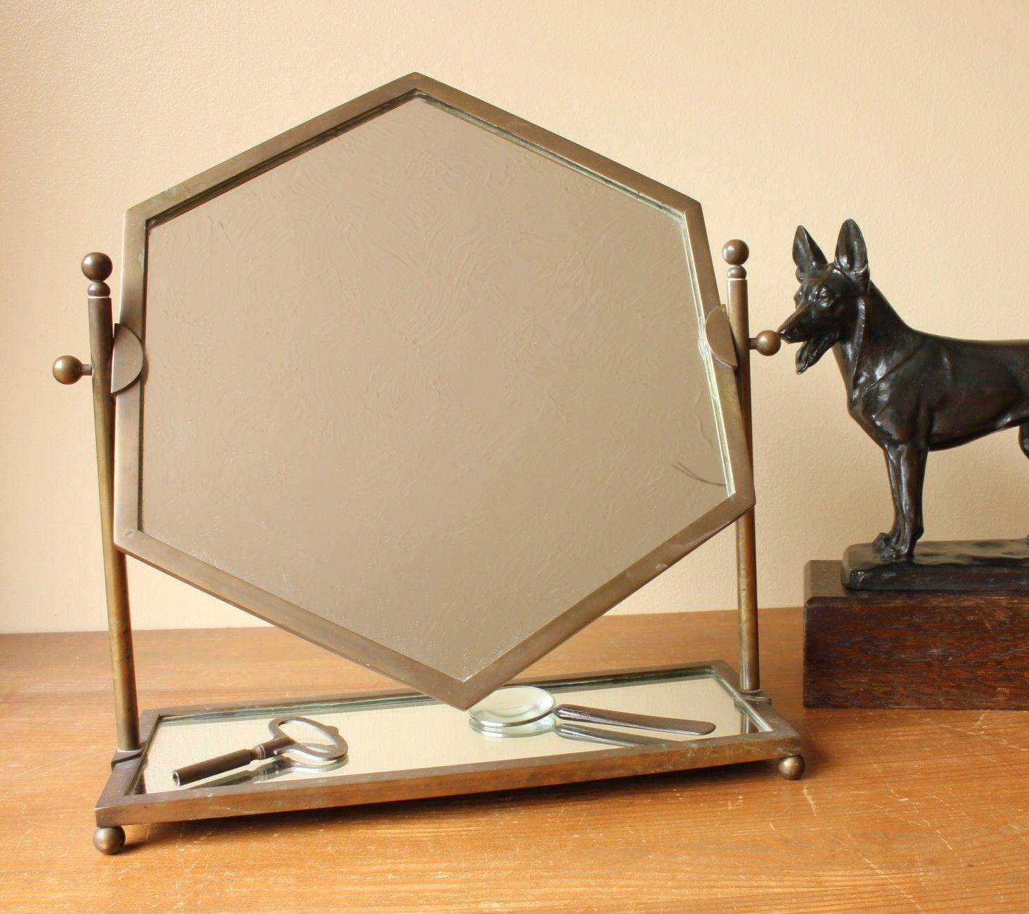 Art Deco Hexagonal Bronze Vanity Display Table Top Mirror.