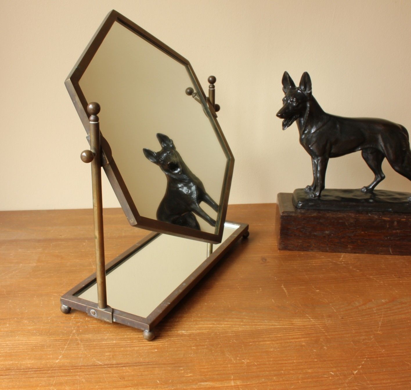 Art Deco Hexagonal Bronze Vanity Display Table Top Mirror.
