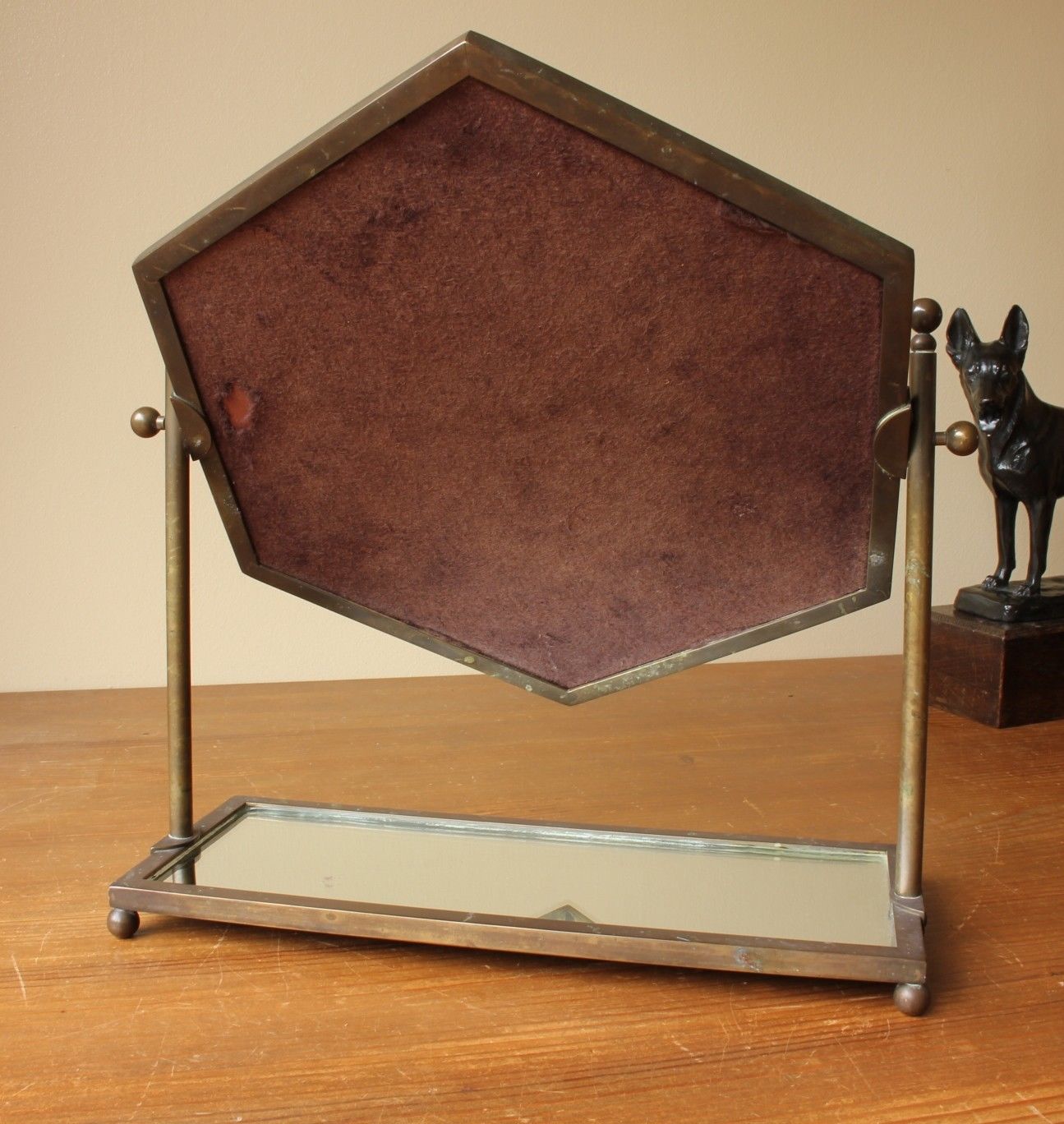 Art Deco Hexagonal Bronze Vanity Display Table Top Mirror.