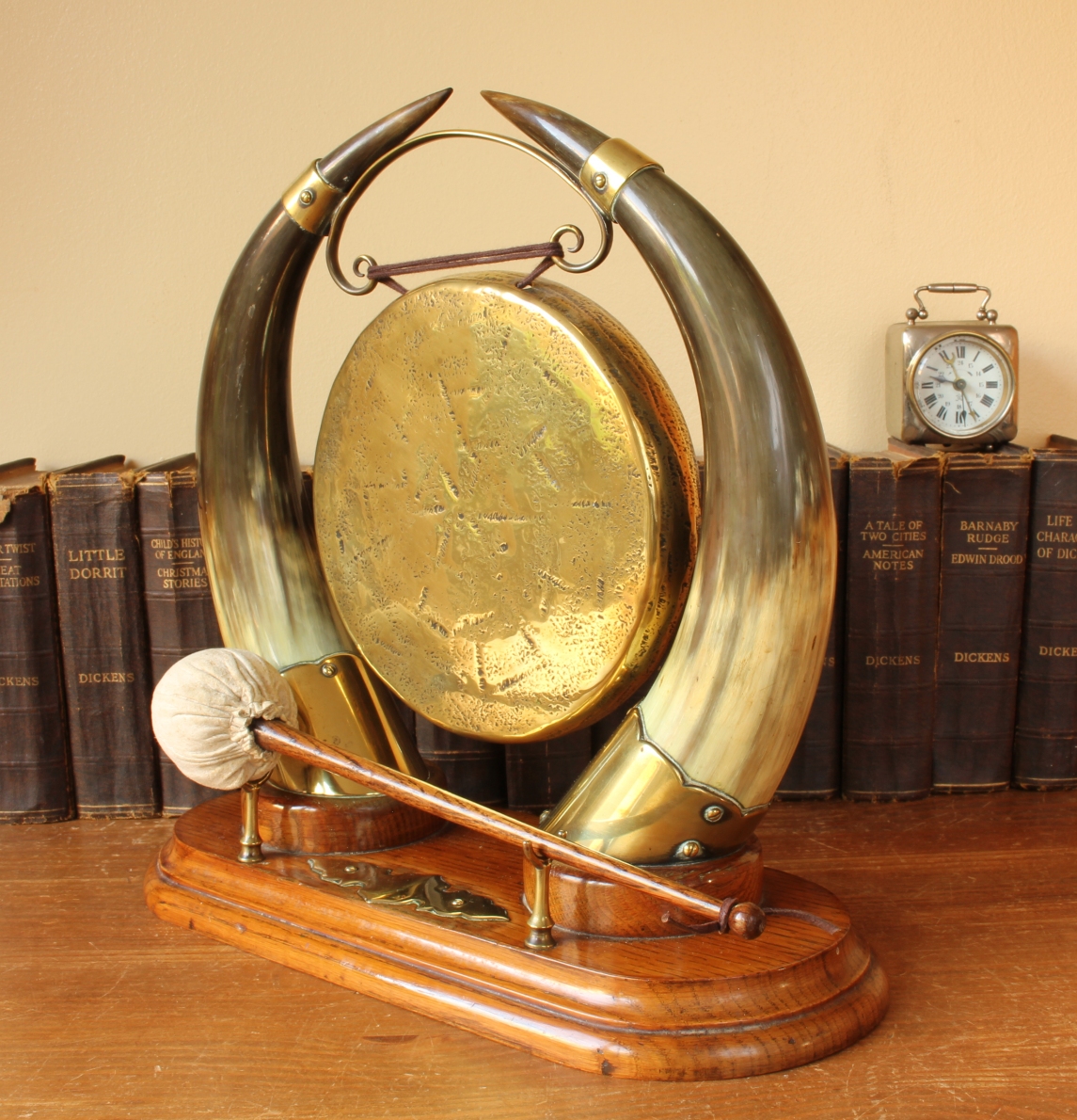 Large English Oak, Bovine Horn & Brass Dinner Table Top Gong c1890.