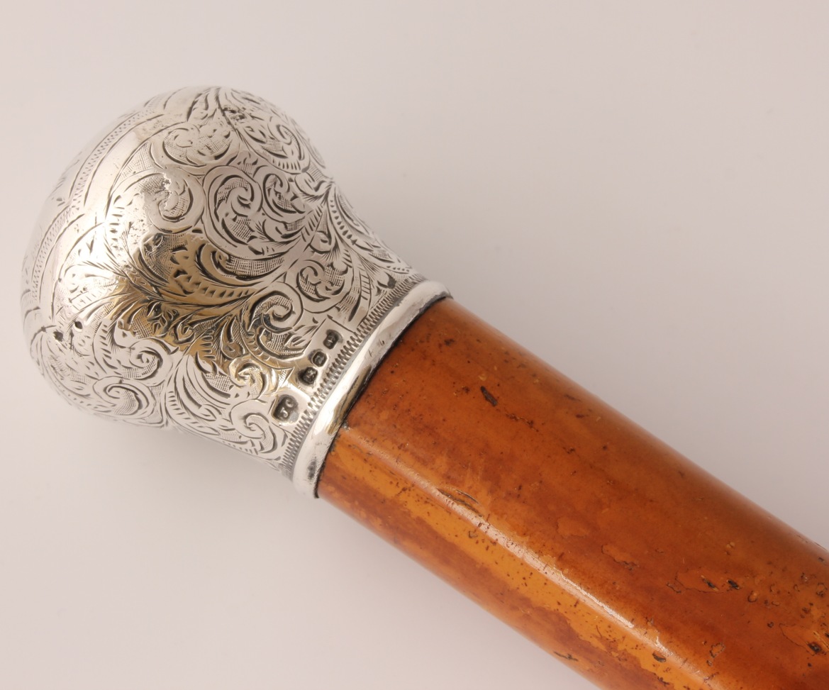 Silver Topped Malacca Walking Stick Cane. Hallmarked 1887.