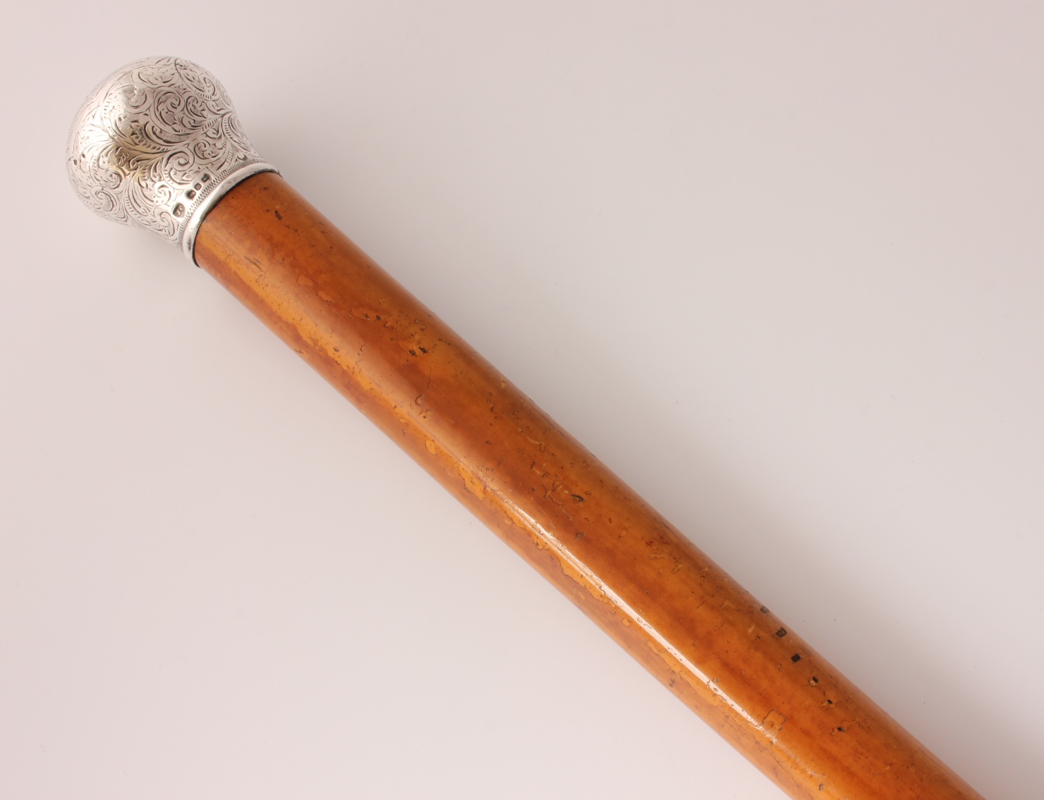 Silver Topped Malacca Walking Stick Cane. Hallmarked 1887.