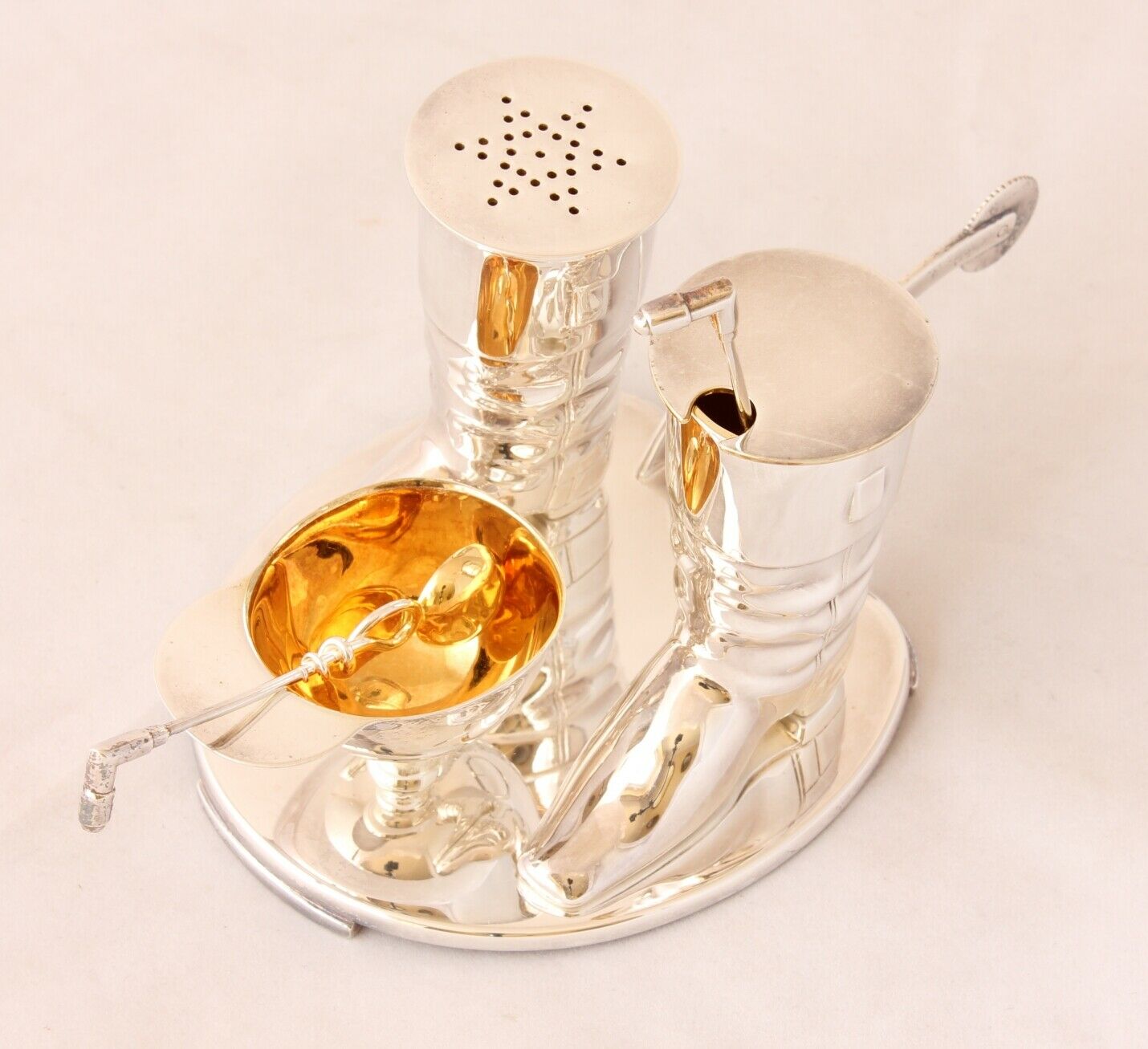 Silver Plated Equestrian Cruet Set. Jockey Cap, Horse Riding Boots, Crop.