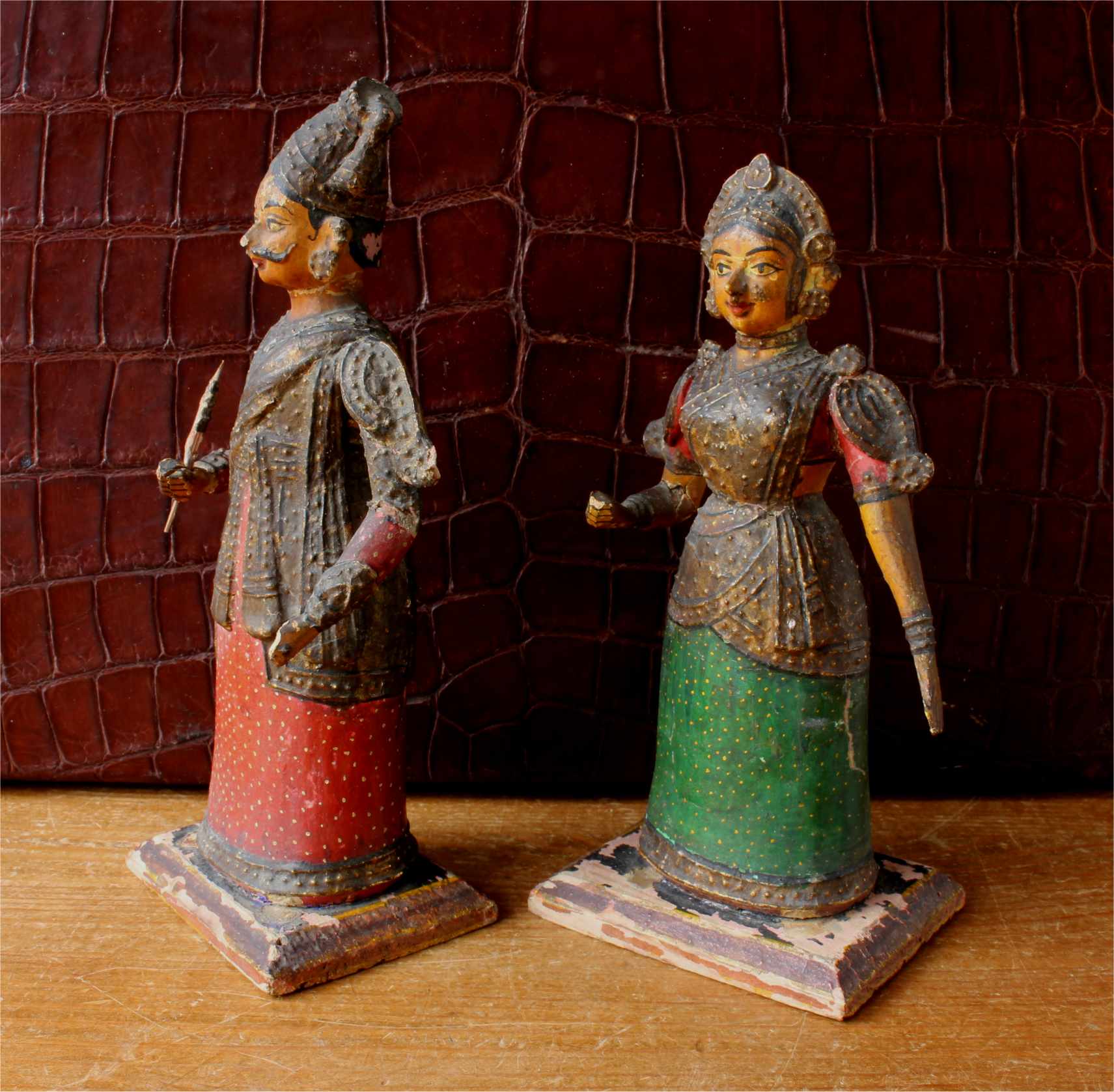 Pair Indian King & Queen Figures. 19th Century India Folk Art Statues.