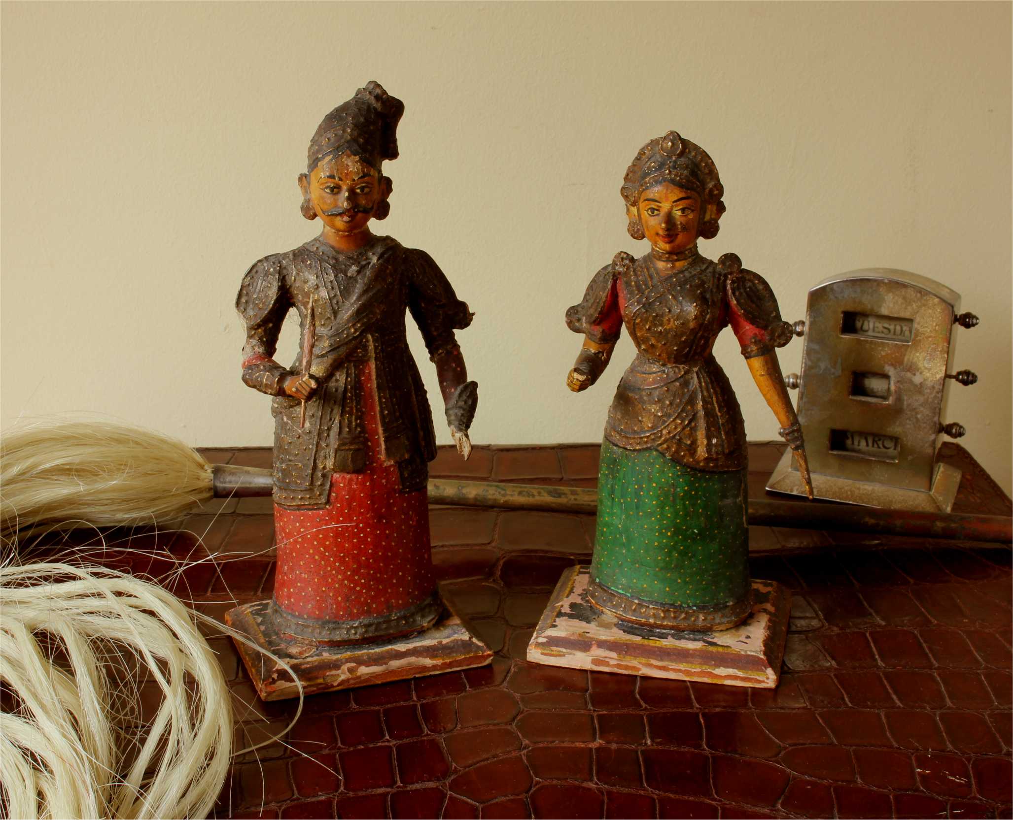 Pair Indian King & Queen Figures. 19th Century India Folk Art Statues.
