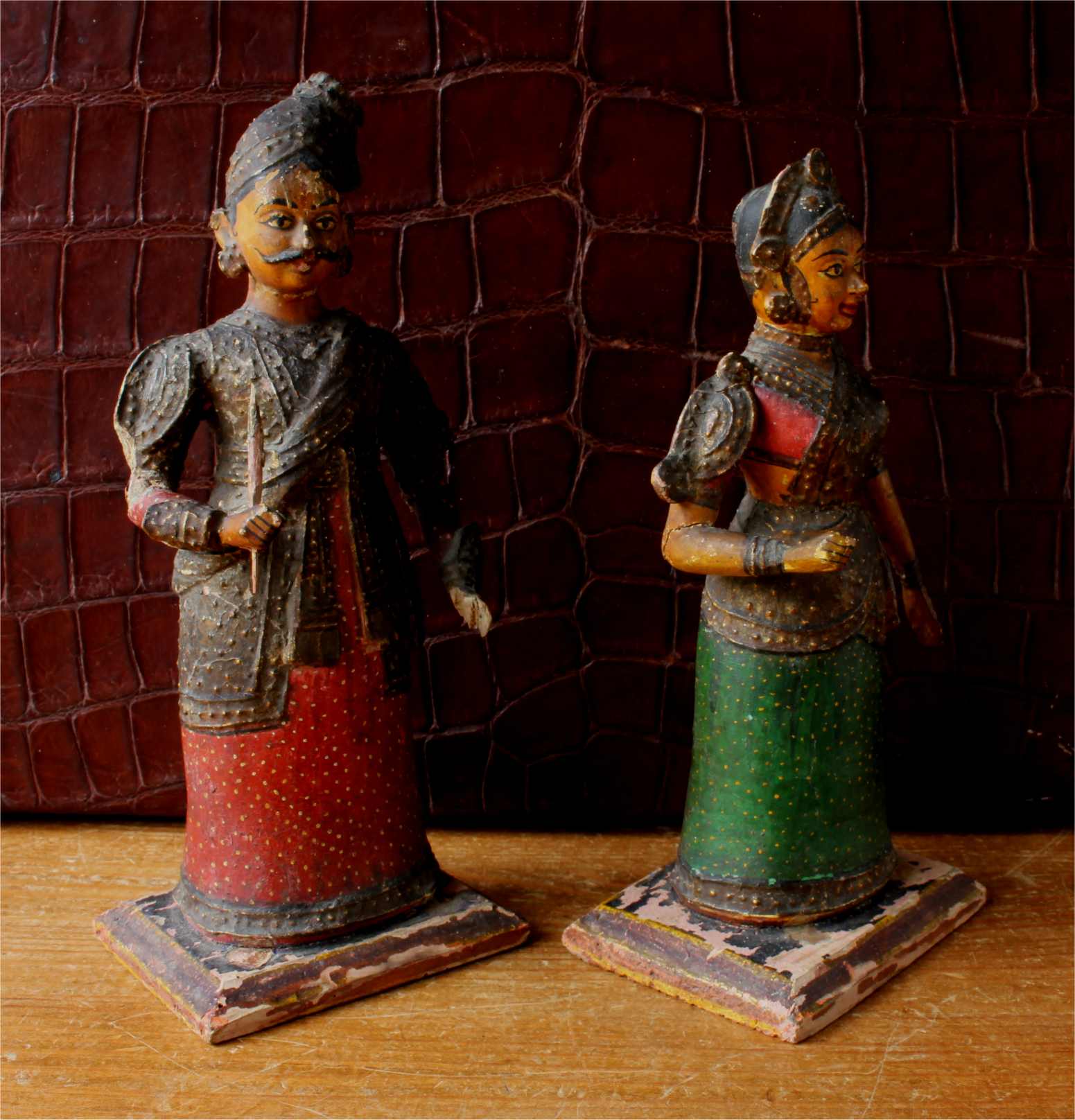 Pair Indian King & Queen Figures. 19th Century India Folk Art Statues.
