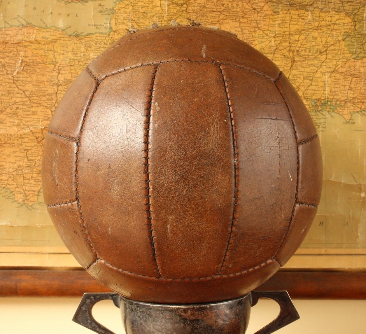 Rare Brown Leather 18 Panel Laced Valve Football. Old Soccer Ball.