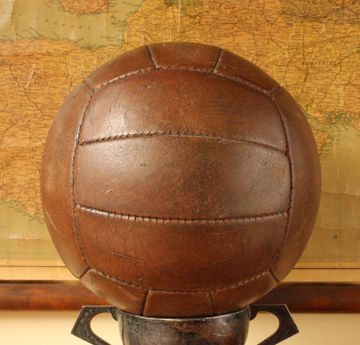 Rare Brown Leather 18 Panel Laced Valve Football. Old Soccer Ball.
