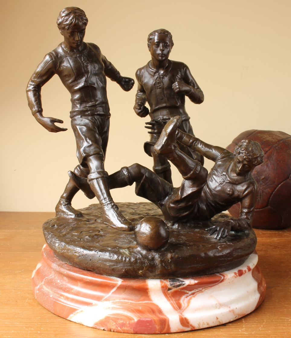 Large Bronze Football Statue. Figure Of Victorian Soccer Players.