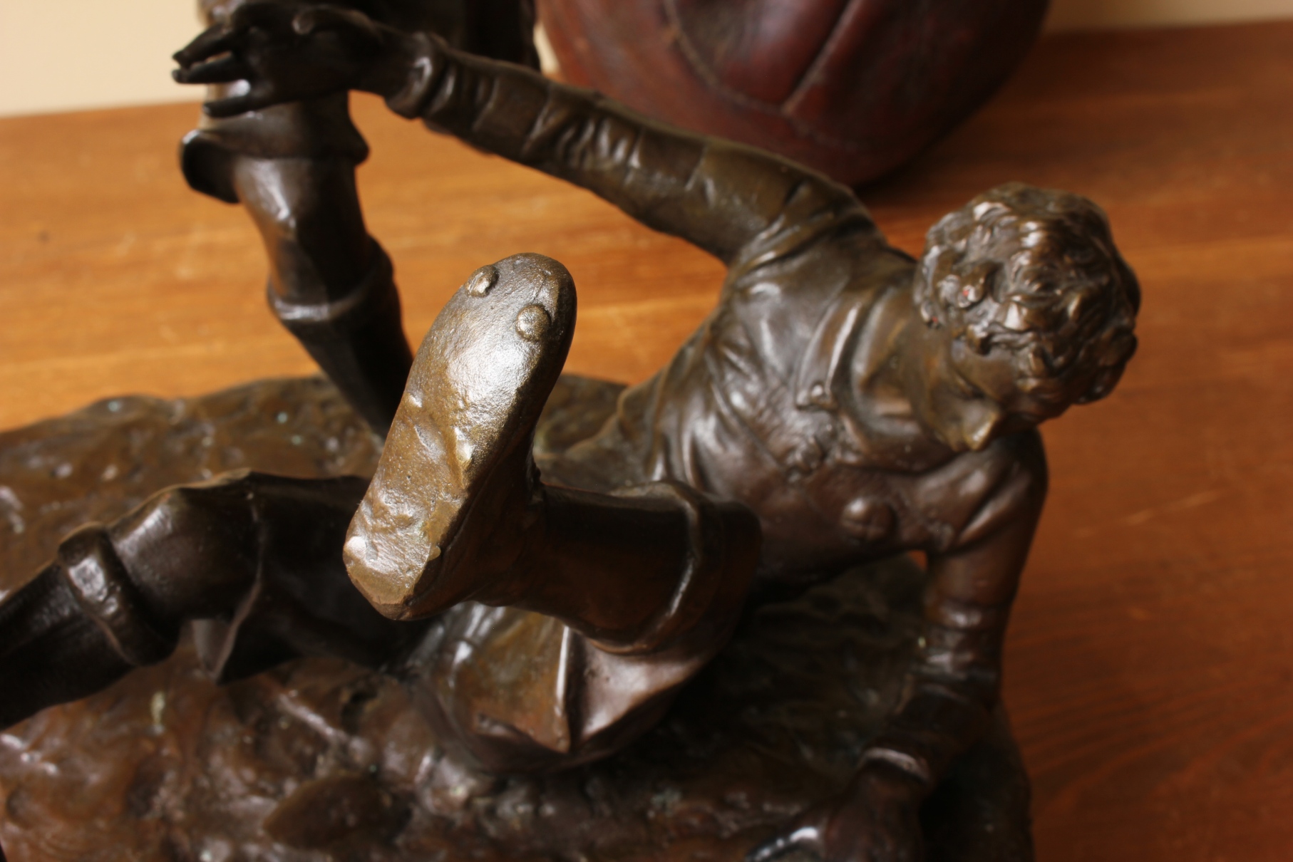 Large Bronze Football Statue. Figure Of Victorian Soccer Players.