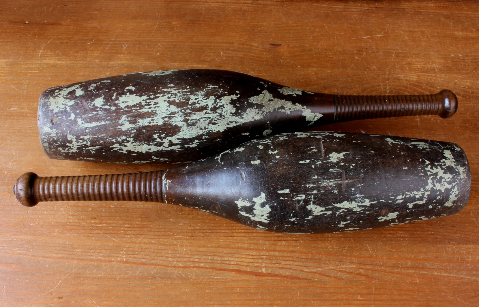 Large Painted Wood Indian Clubs. Exercise Meels Weights. Decor, Gym, Bar.