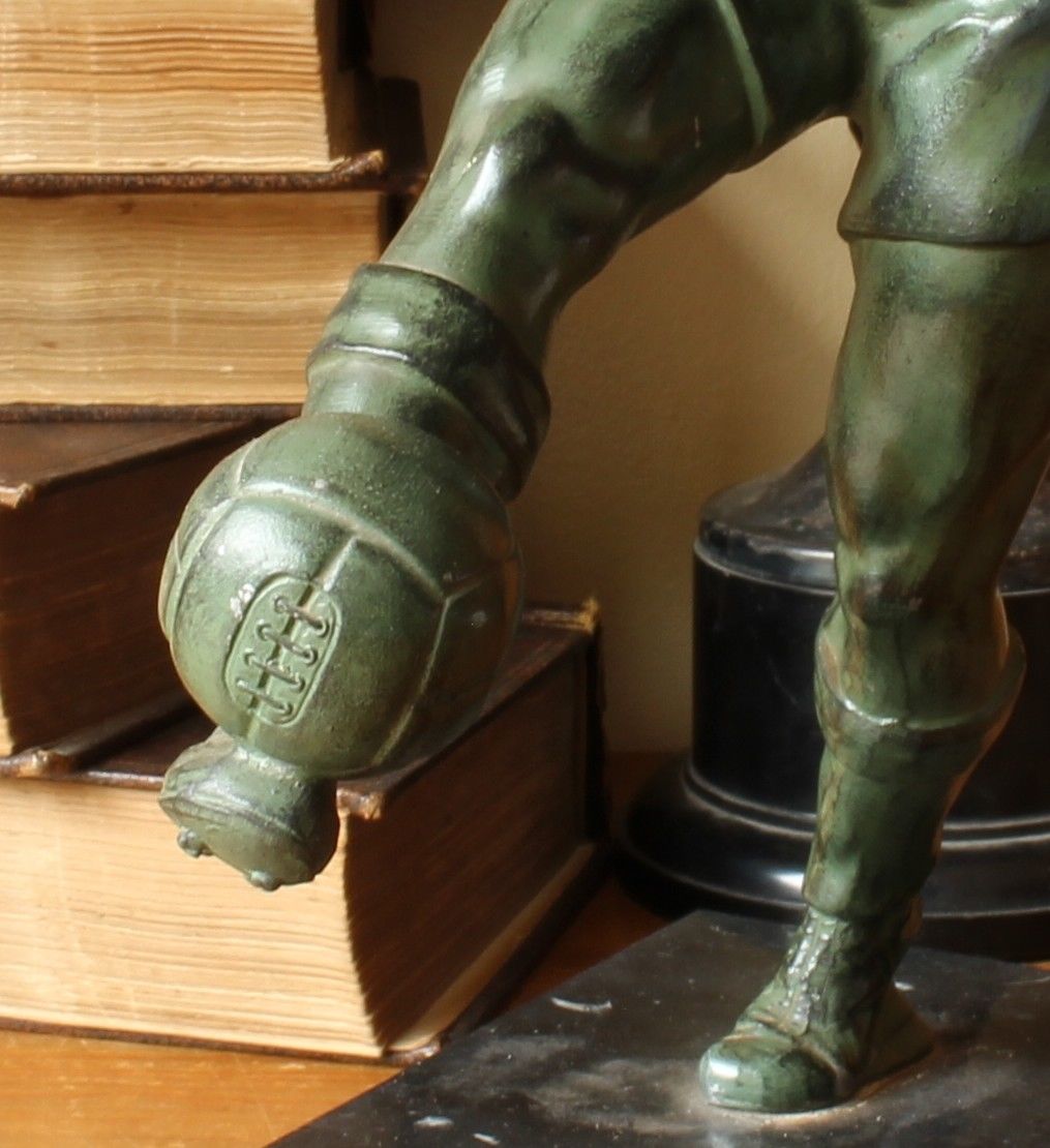 1930s French Footballer Statue. Vintage Figure of Soccer Player & Football.