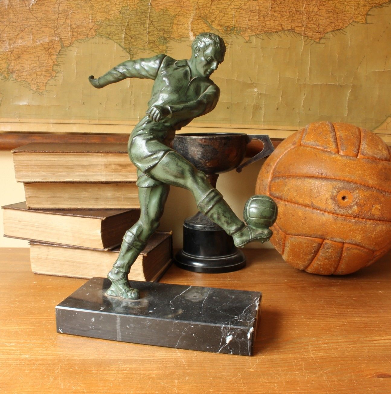 1930s French Footballer Statue. Vintage Figure of Soccer Player & Football.