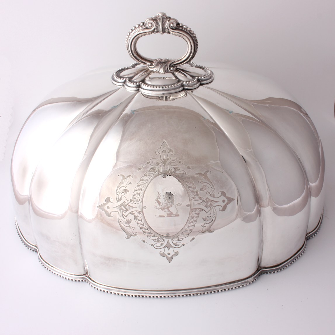 Large Silver Plate Meat Food Cover With Lion Crest. Martin Hall c1850.