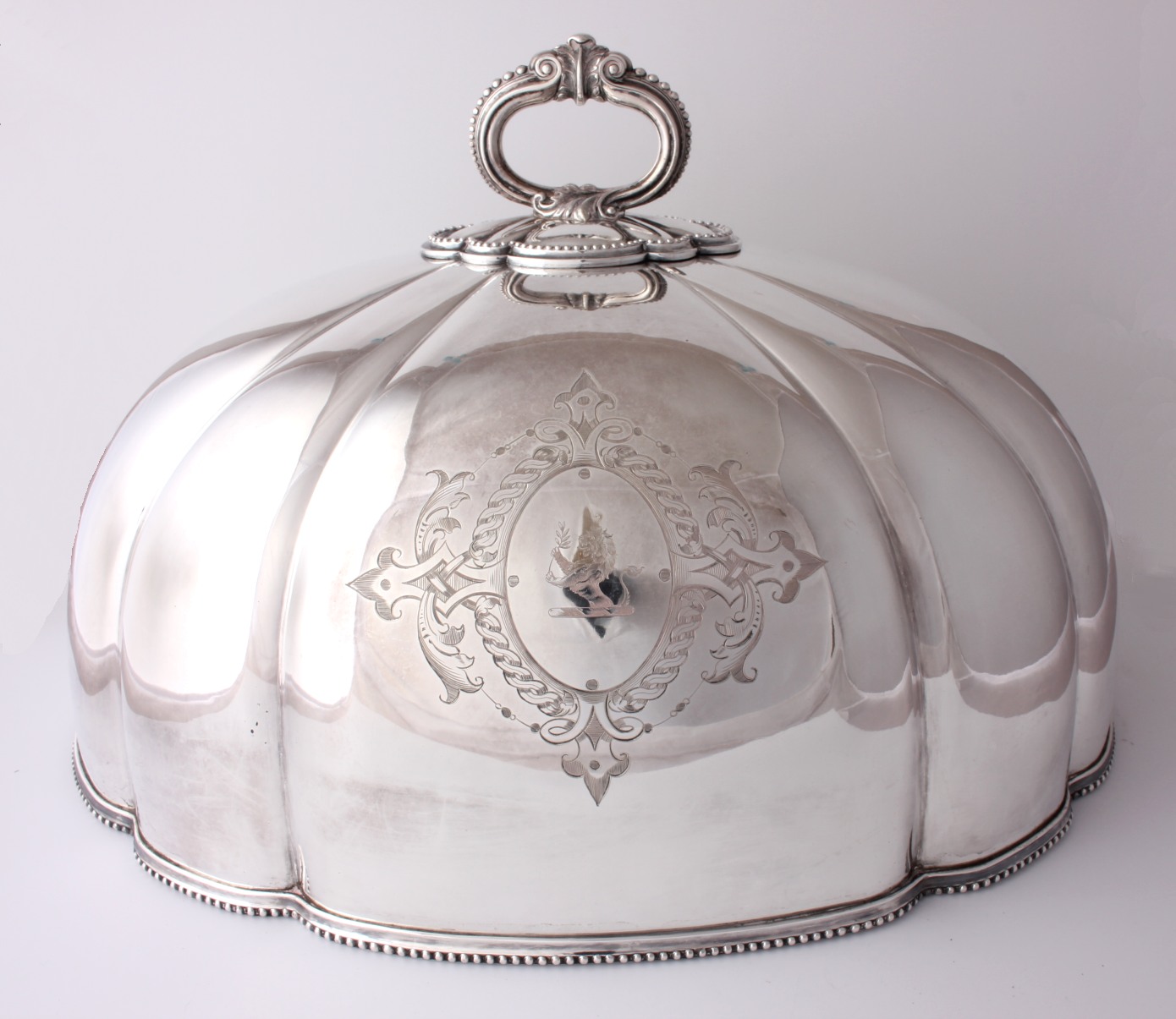 Large Silver Plate Meat Food Cover With Lion Crest. Martin Hall c1850.