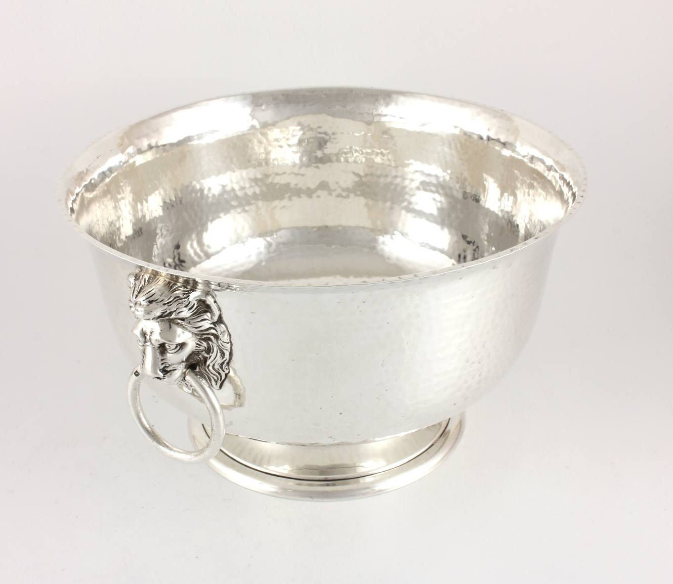 Solid Silver Hammered Lion Bowl. Champagne Cooler, Ice, Wine Bucket. 1919.