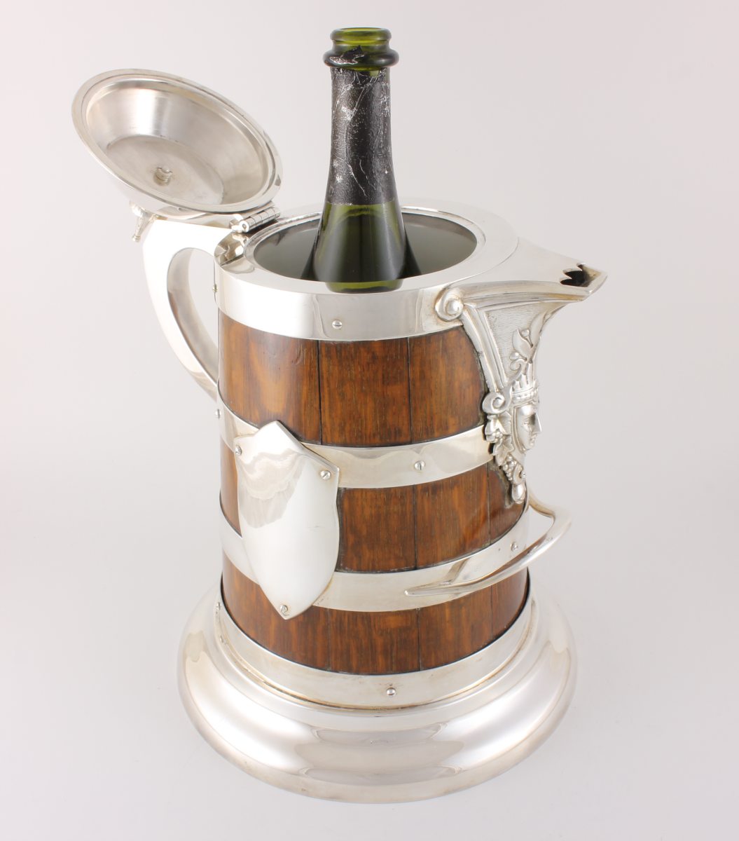 Large Silver Plate & Oak Jug Trophy. Coopered Tankard Face Pitcher c1890.