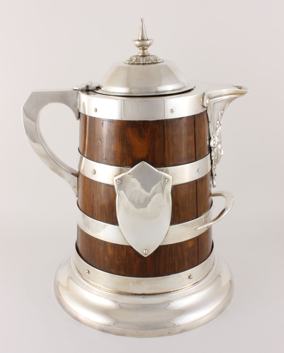 Large Silver Plate & Oak Jug Trophy. Coopered Tankard Face Pitcher c1890.