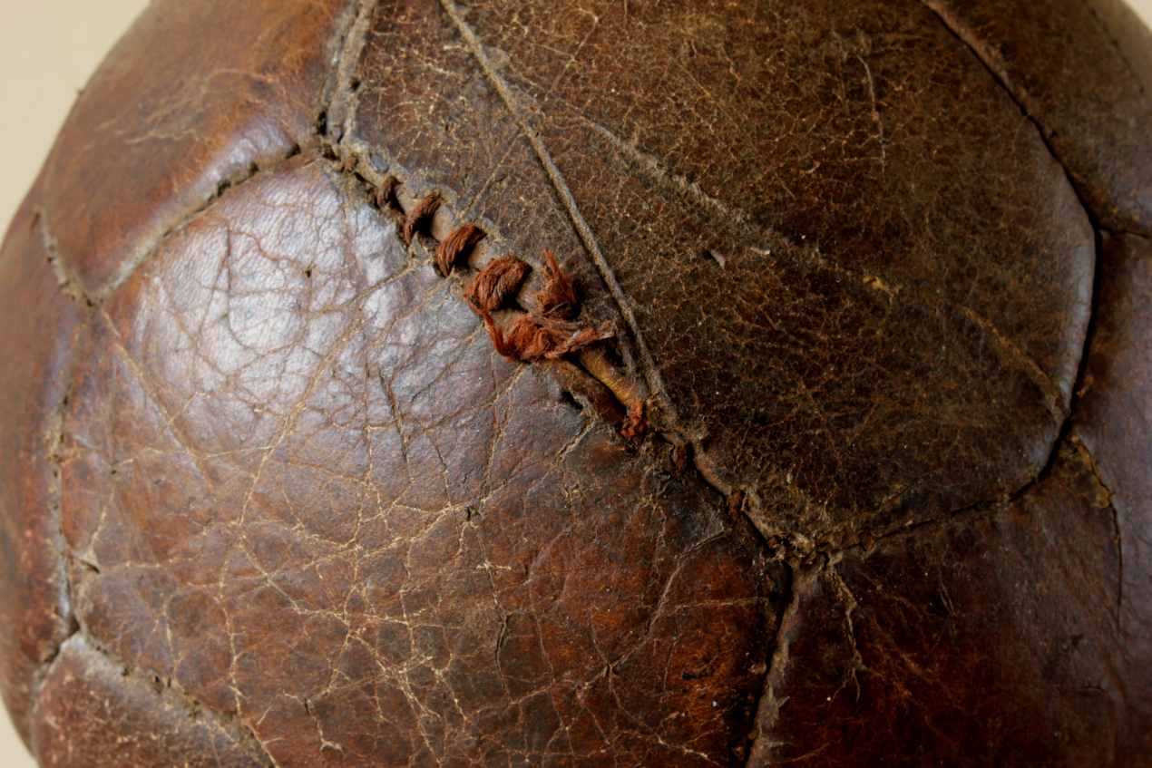 18 Panel Brown Leather Football. 6 Lace Hole Soccer Ball. c1940.