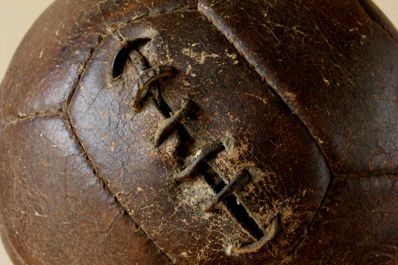 18 Panel Brown Leather Football. 6 Lace Hole Soccer Ball. c1940.