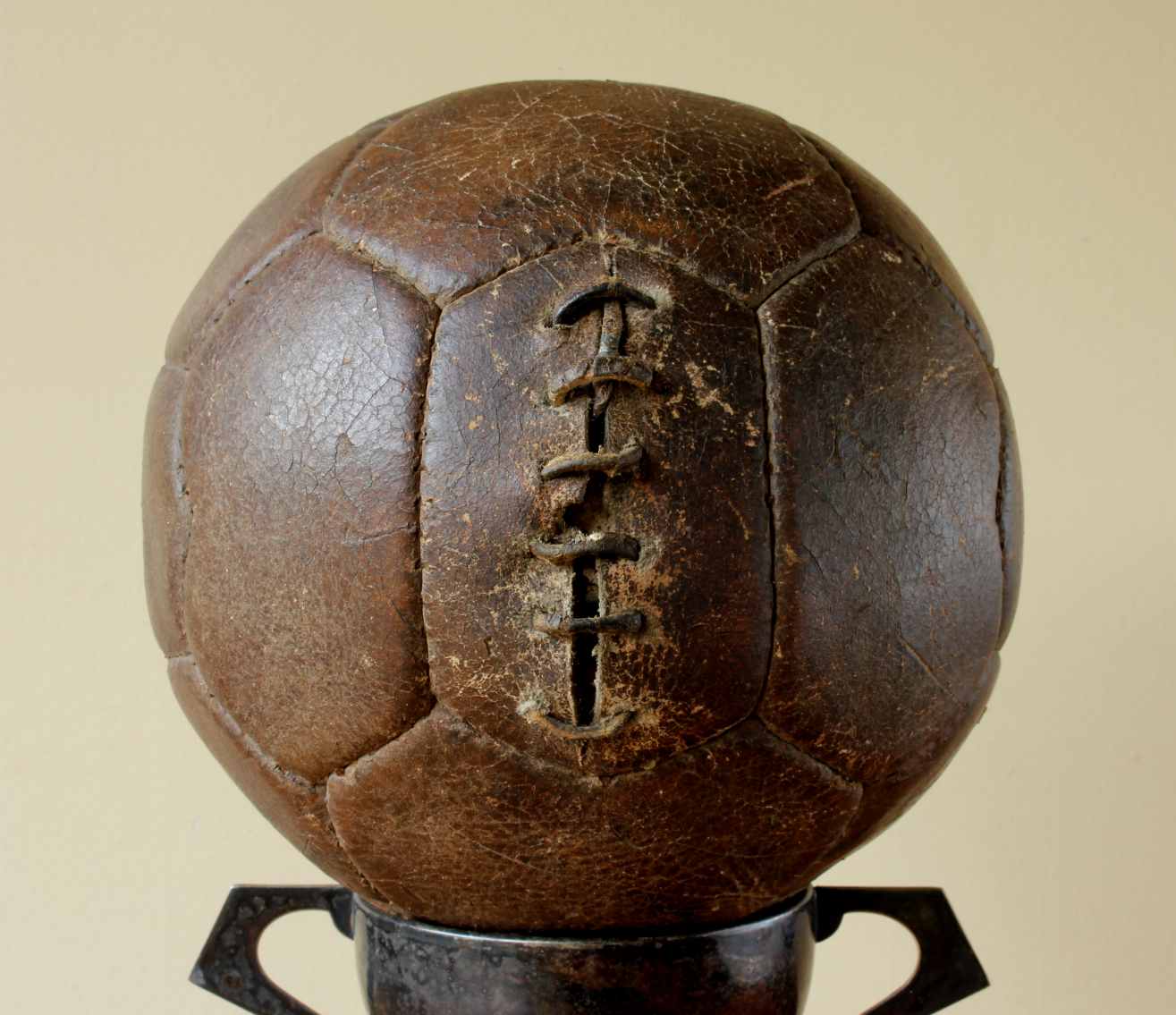 18 Panel Brown Leather Football. 6 Lace Hole Soccer Ball. c1940.