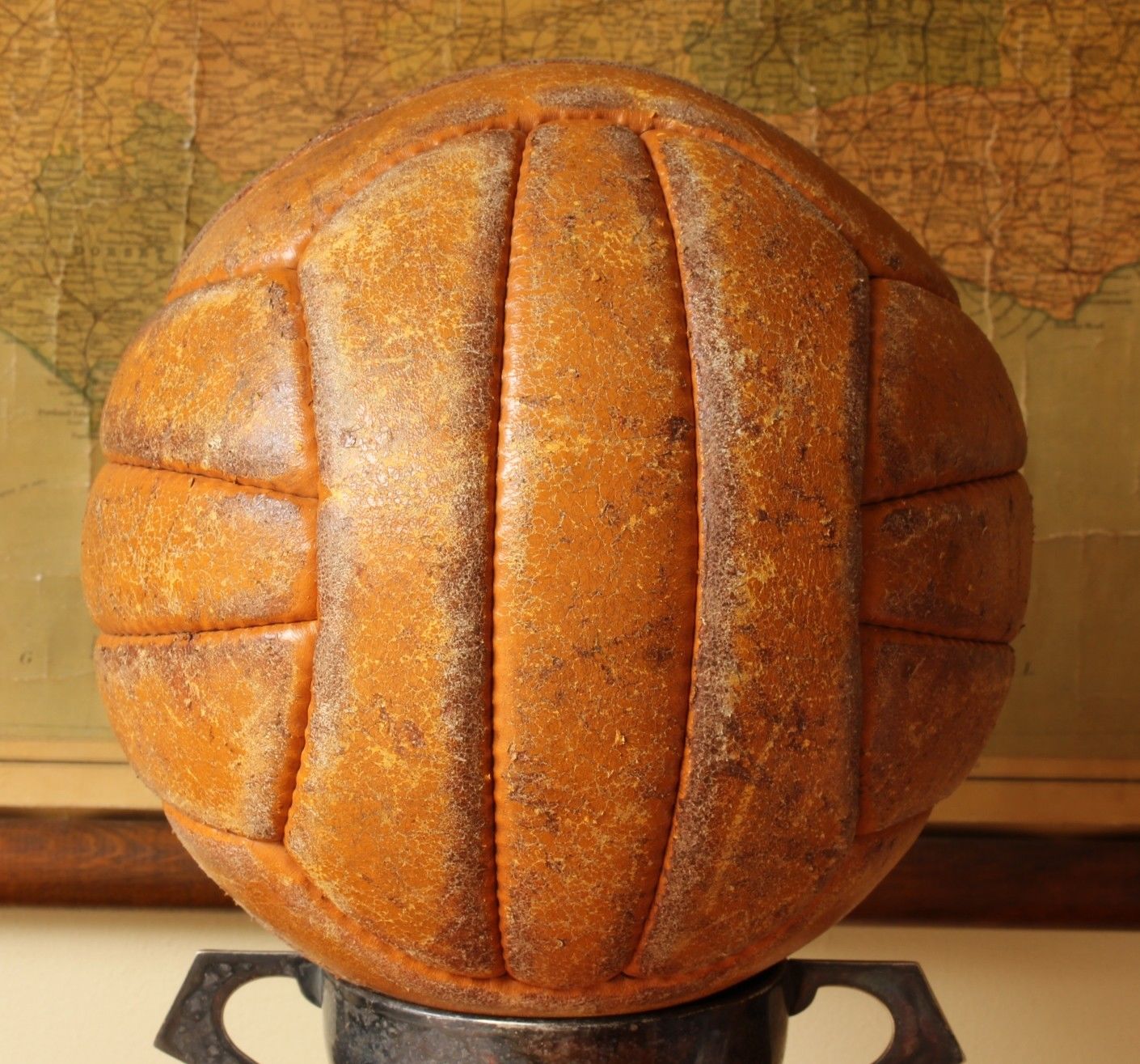 18 Panel Valve Hole Type Leather Football. Old 1950s Soccer Ball.