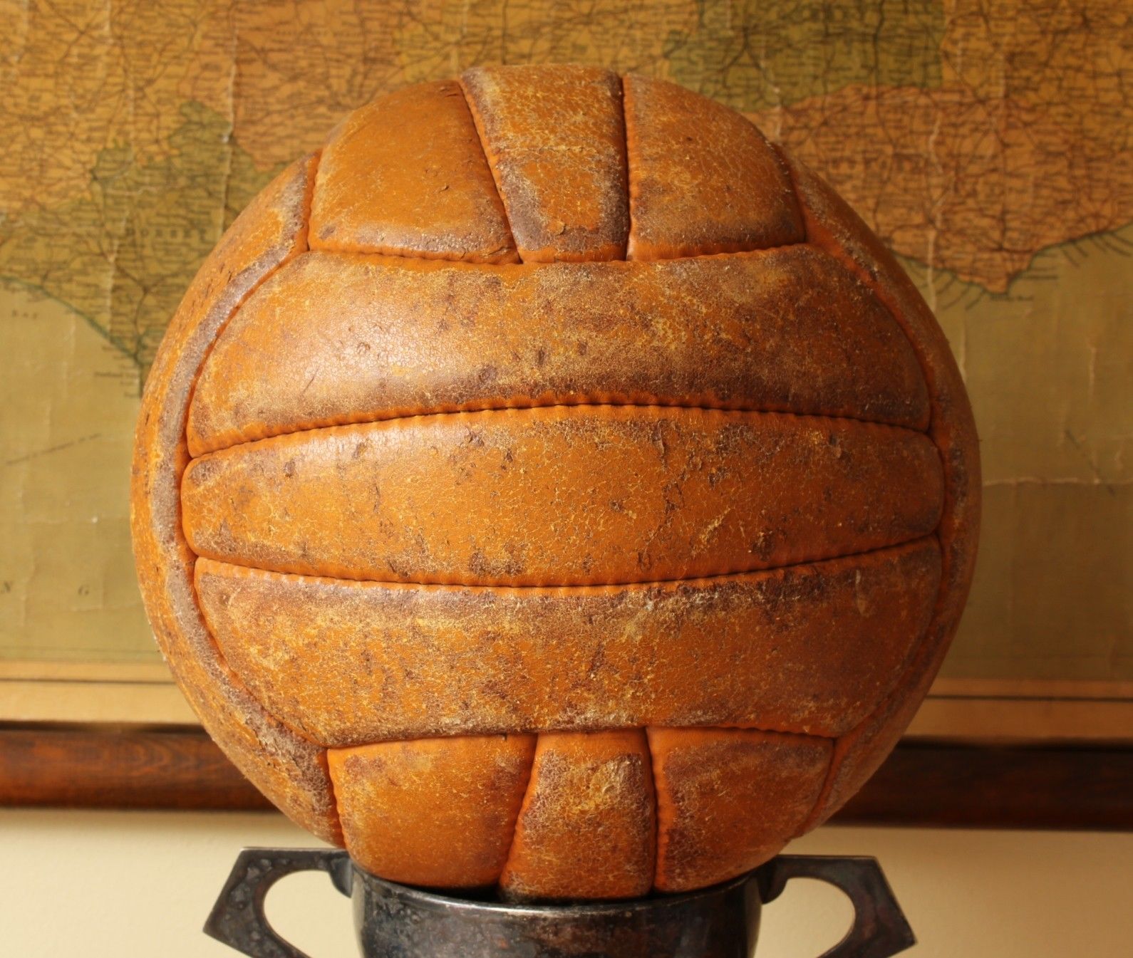 18 Panel Valve Hole Type Leather Football. Old 1950s Soccer Ball.